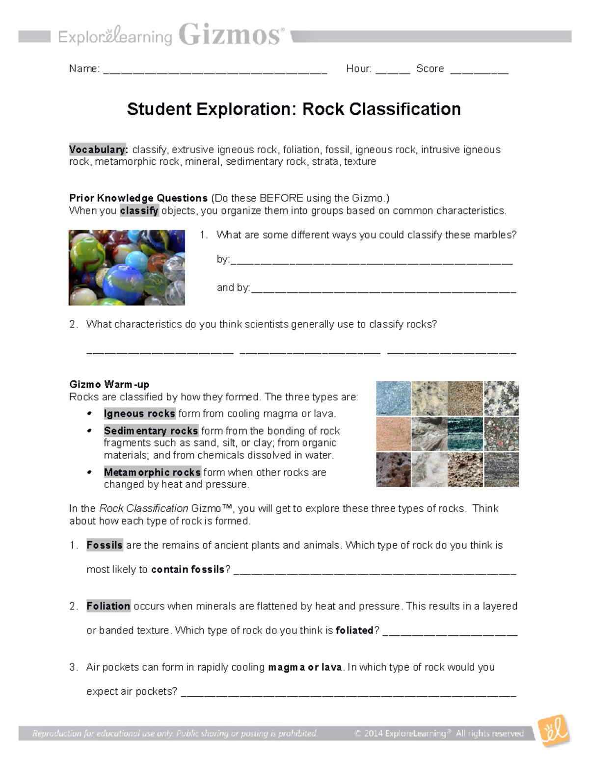 Rock Classification Gizmo worksheet - Name ...