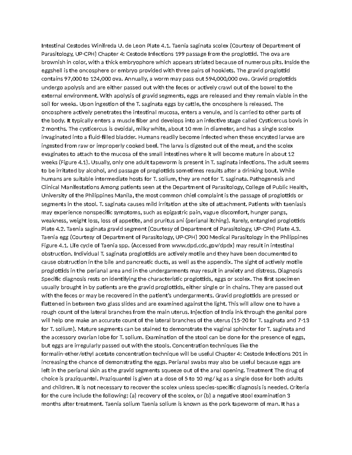 Intestinal Cestodes Winifreda U - de Leon Plate 4. Taenia saginata ...