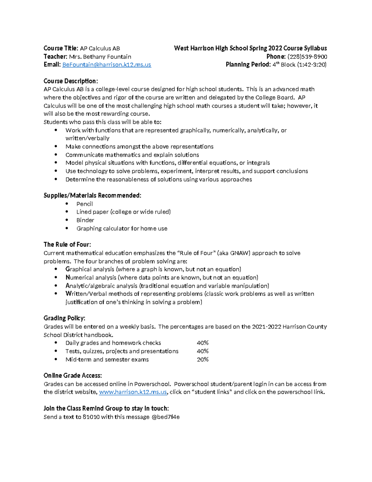 Ap Calculus Syllabus Course Title Ap Calculus Ab West Harrison High School Spring 2022 Course