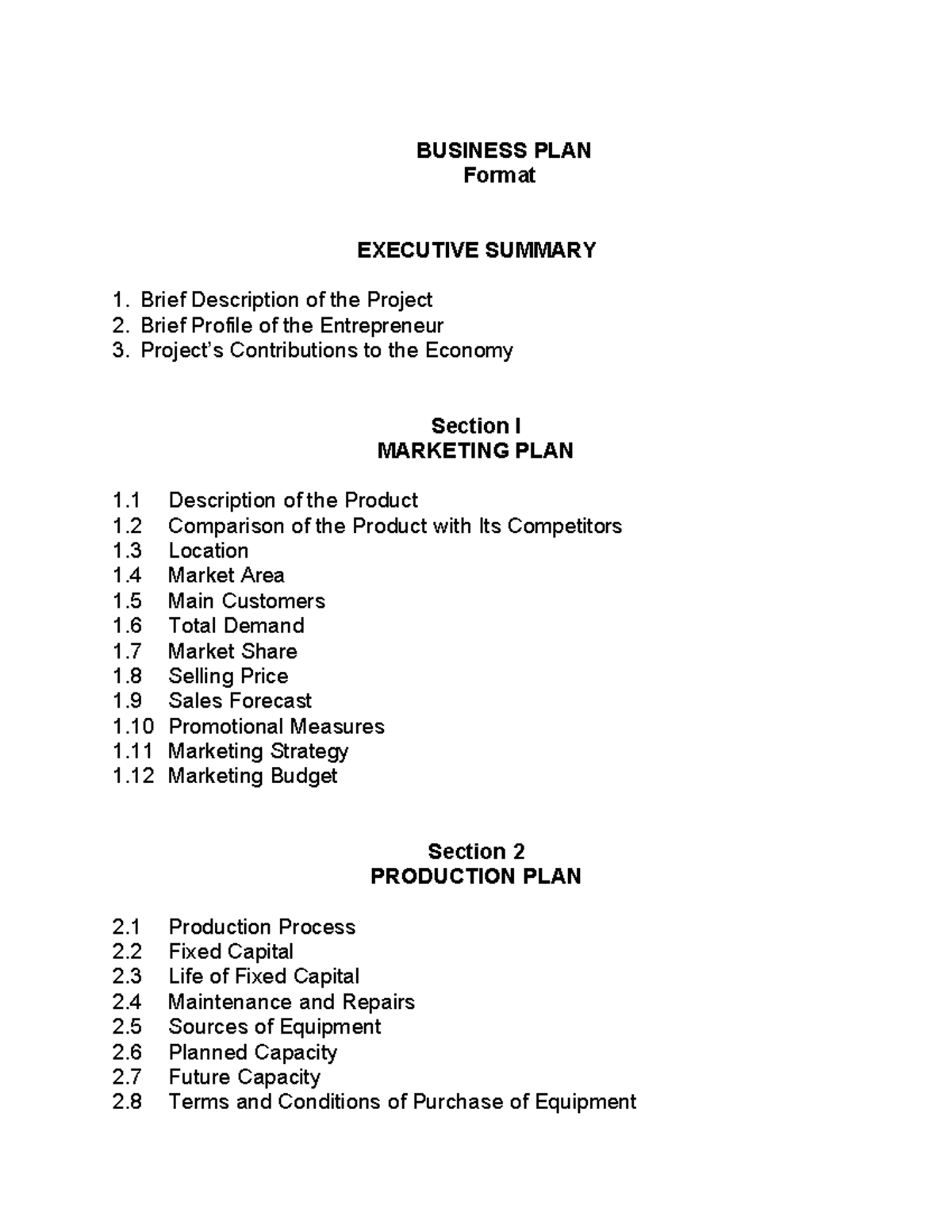 Business PLAN Format - BUSINESS PLAN Format EXECUTIVE SUMMARY Brief ...