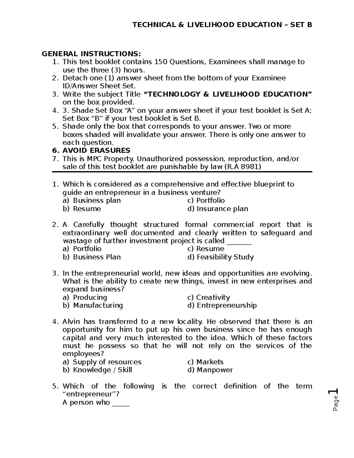 TLE Reviewer - Entrepreneurship - GENERAL INSTRUCTIONS: This test ...