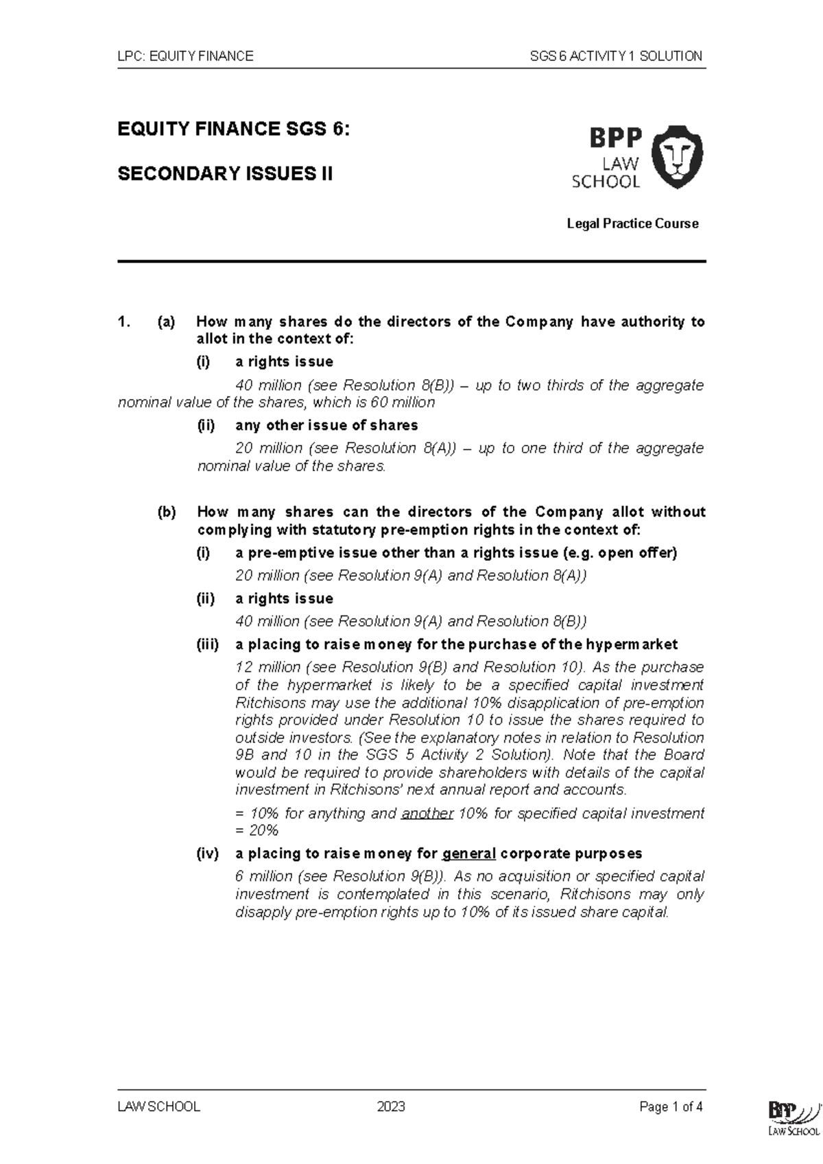 EF SGS 6 Solution to Activity 1 (2023v2) - LPC: EQUITY FINANCE SGS 6 ...