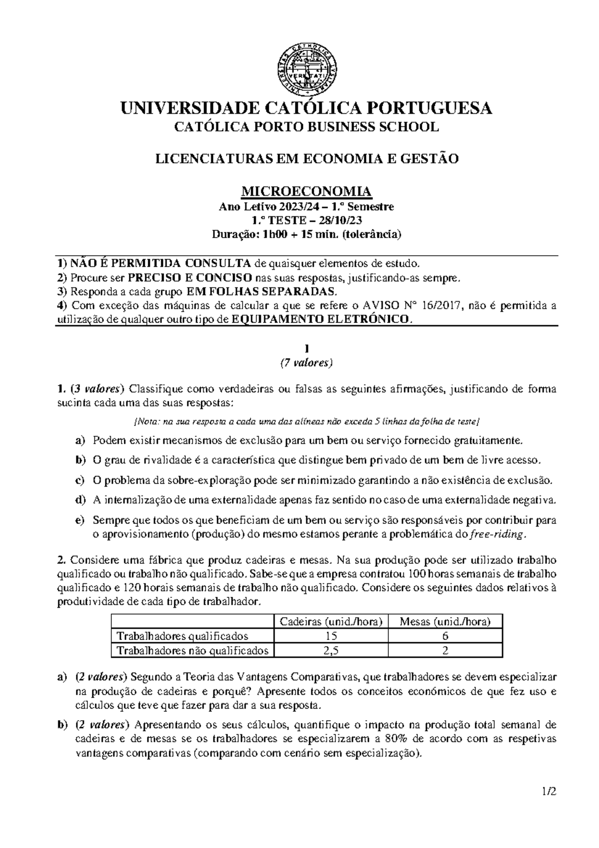 1Teste Microecon-1st test 28-10-23 soluções solutions - UNIVERSIDADE ...