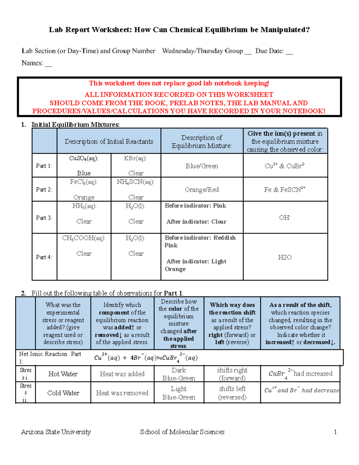 How Can Chemical Equillibrium Be Manipulated CHM 116 ASU Studocu