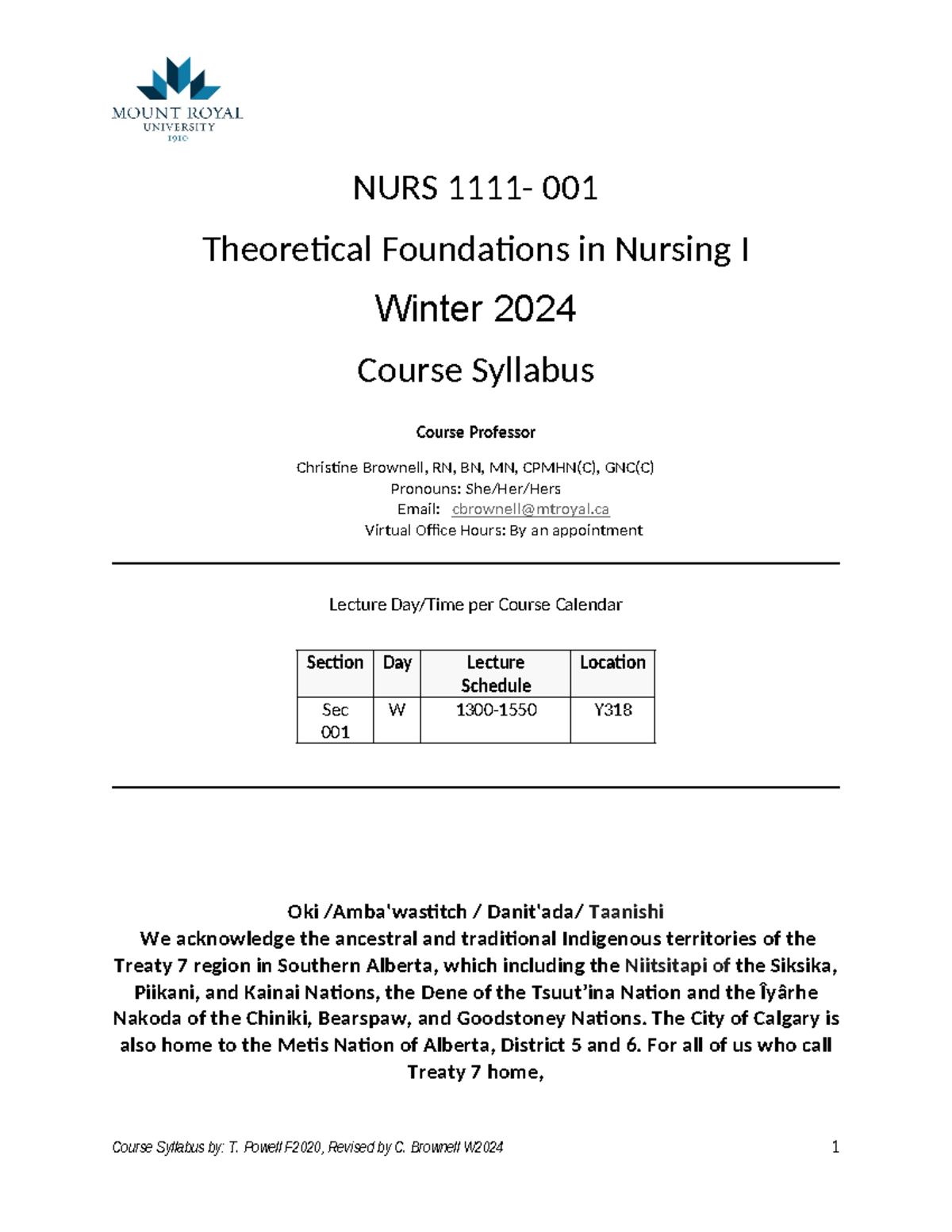 N1111 Syllabus W 20244 - outline - NURS 1111- 001 Theoretical Foundations in Nursing I Winter ...