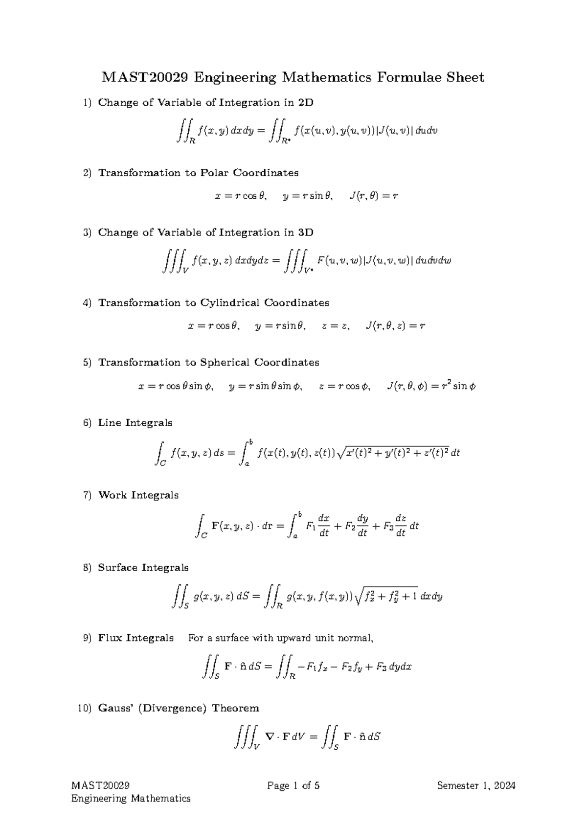MAST2002 9 exam formulasheet S1 2024-2 - MAST20029 Engineering Mathematics Formulae Sheet Change ...
