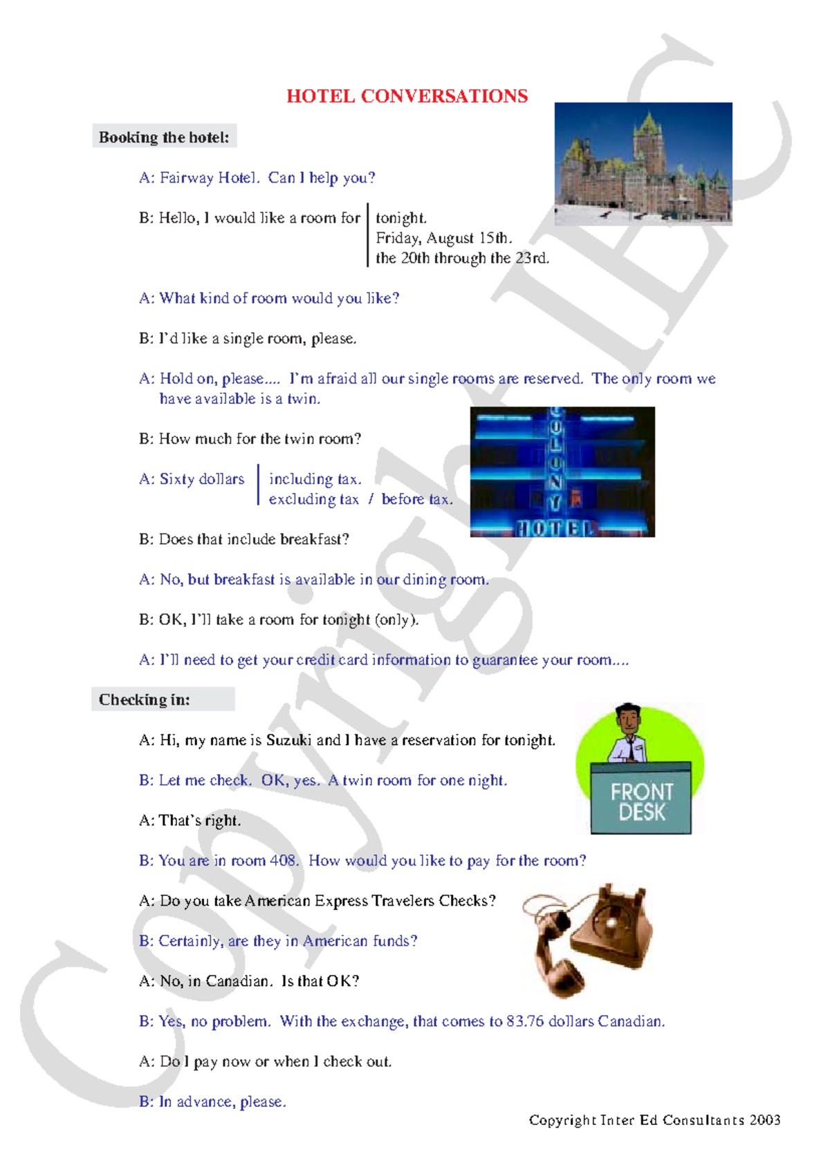Hotel, Speaking Practice - Copyright Inter Ed Consultants 2003 HOTEL ...
