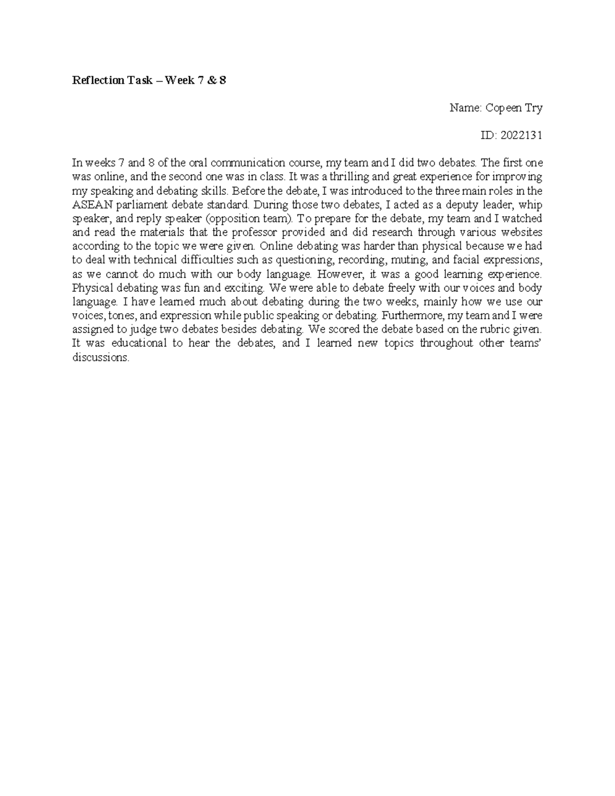 Reflection Task - week 7 and 8 - Reflection Task – Week 7 & 8 Name ...