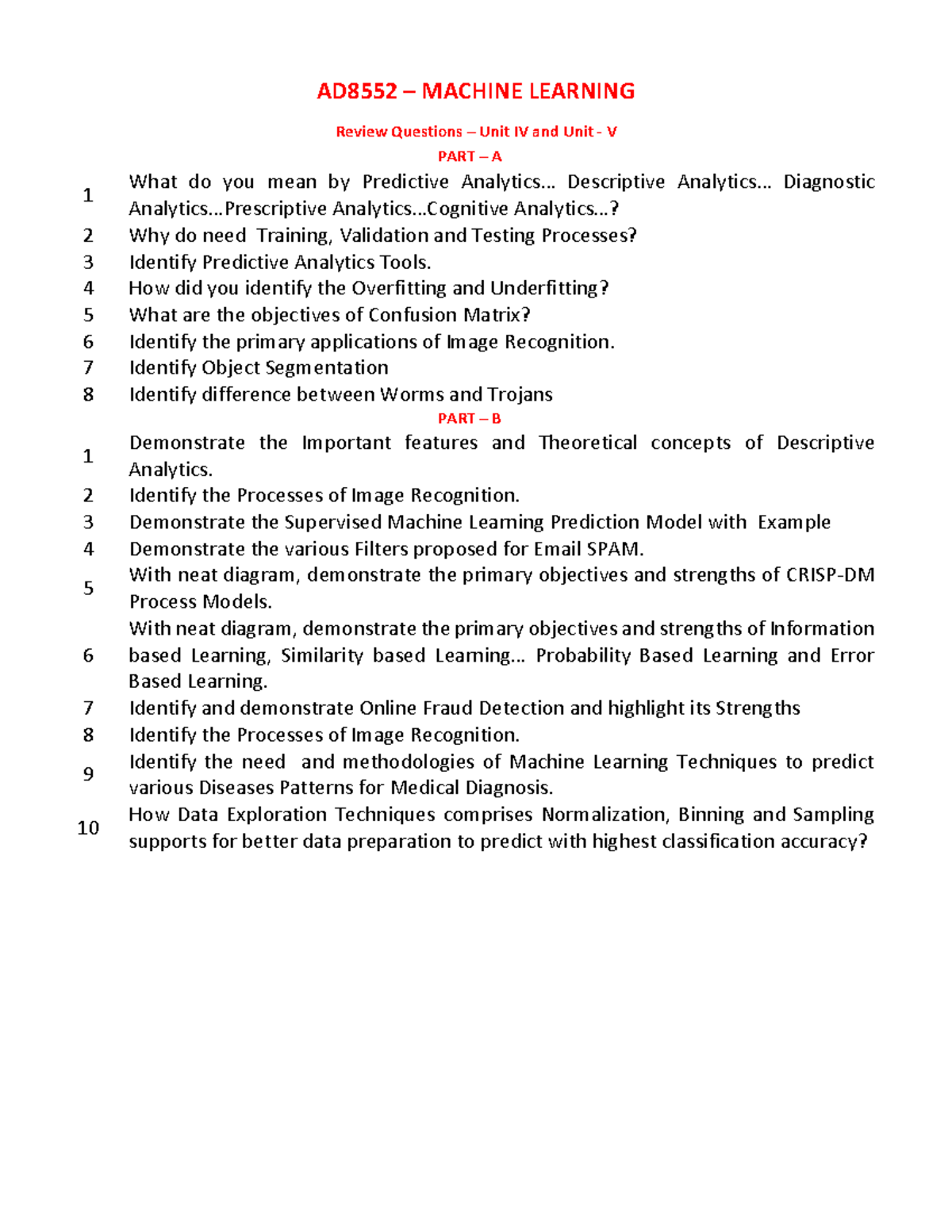 AD8552 - Data Analytics for AIDS Students - AD8552 – MACHINE LEARNING Review Questions – Unit IV ...