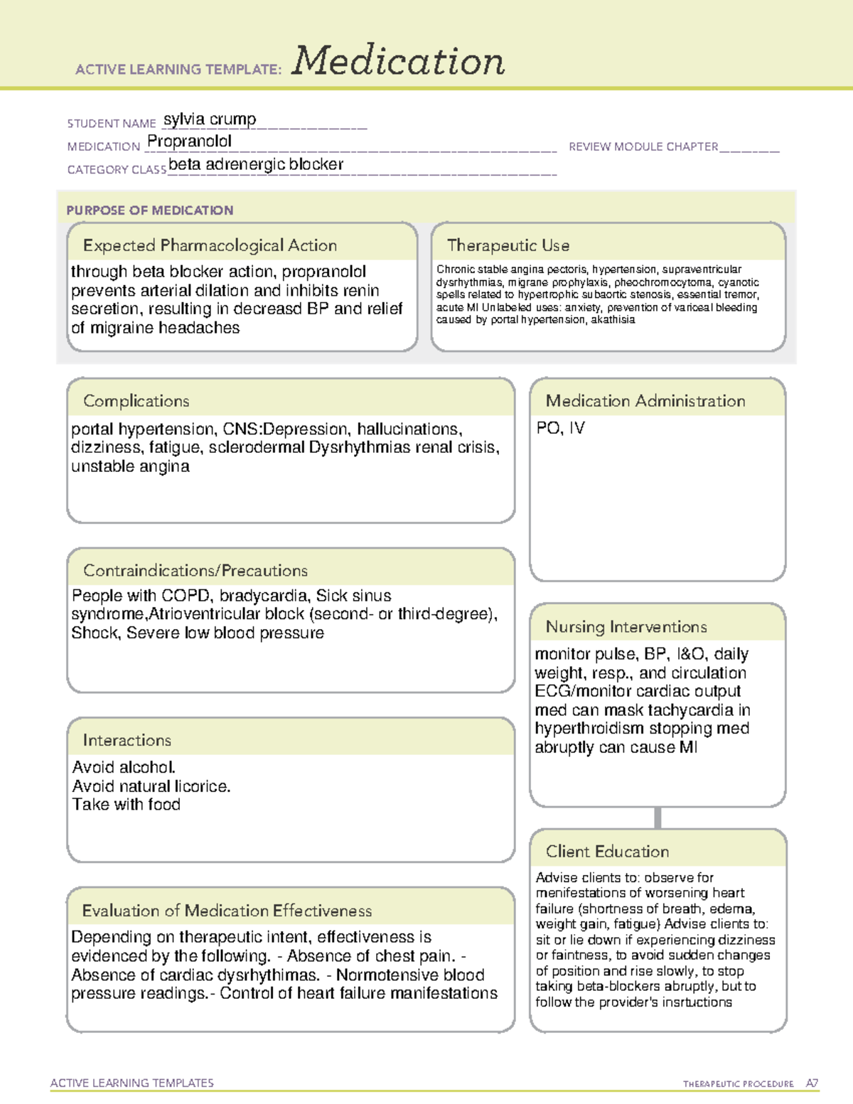 Propranolol 4 - assessment - ACTIVE LEARNING TEMPLATES TherapeuTic ...