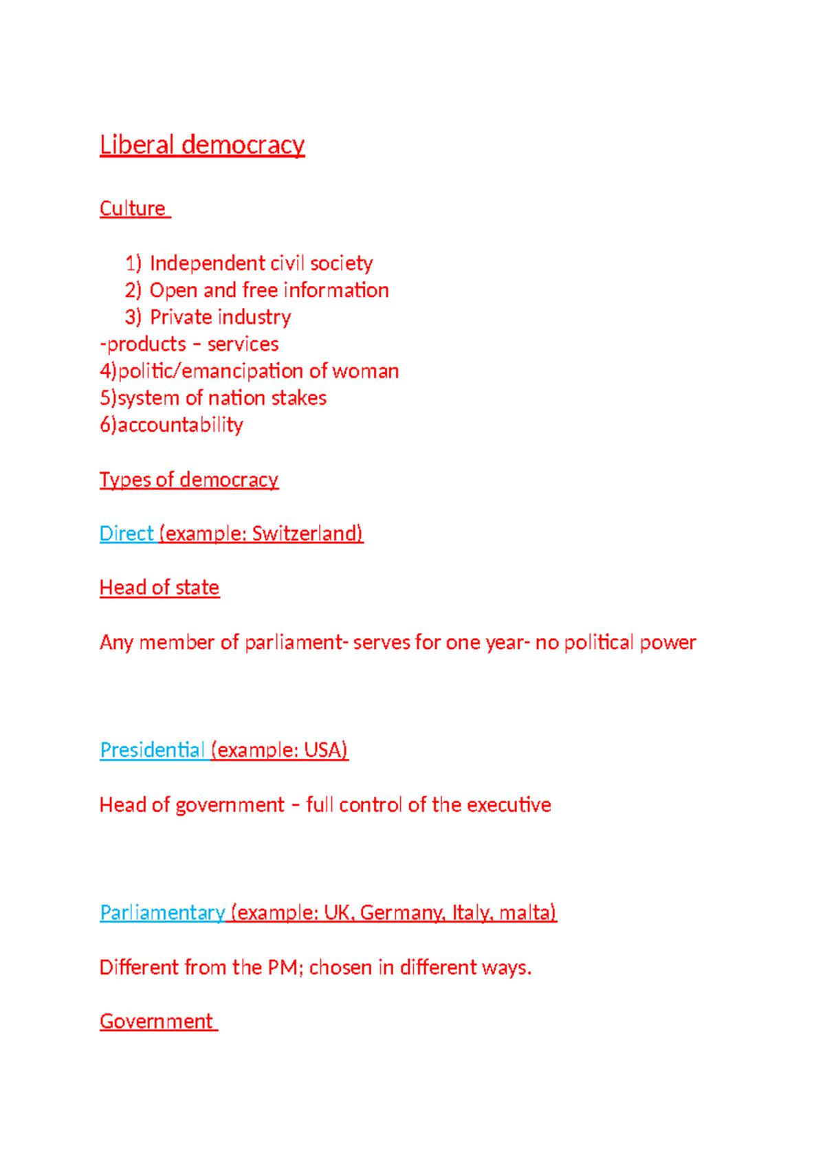 Power and democracy - Liberal democracy Culture 1) Independent civil ...