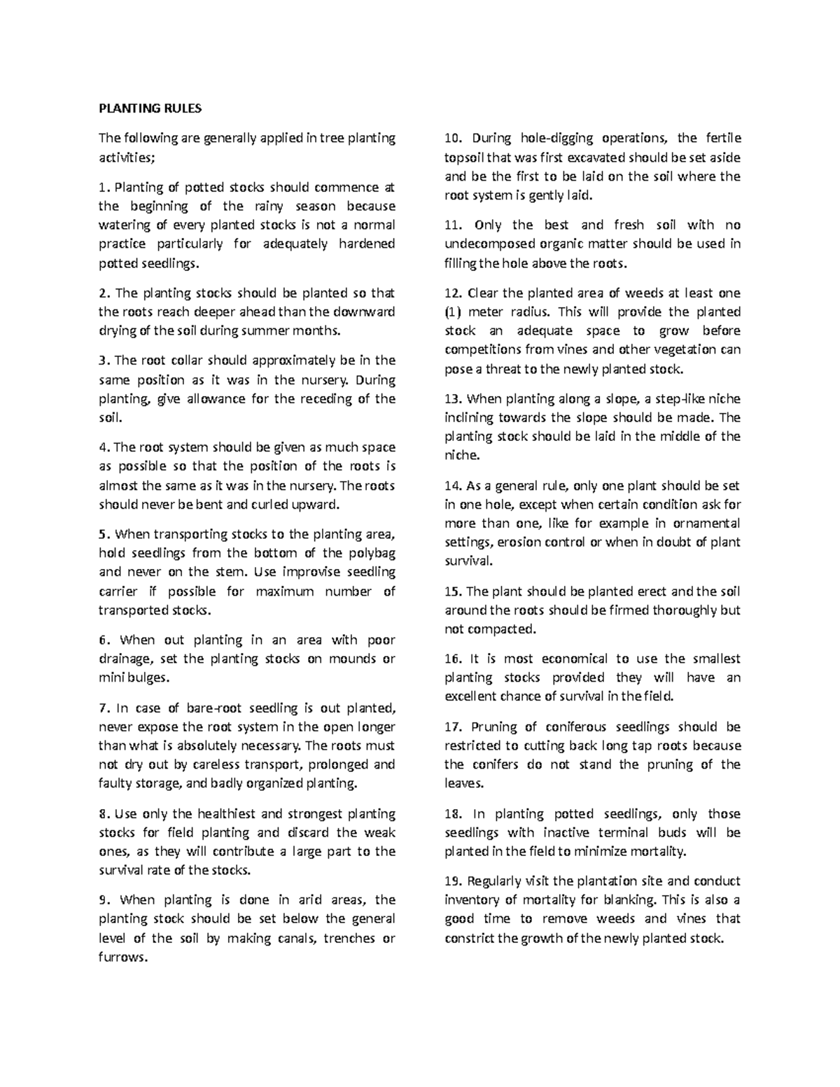 Planting Rules - PLANTING RULES The following are generally applied in ...