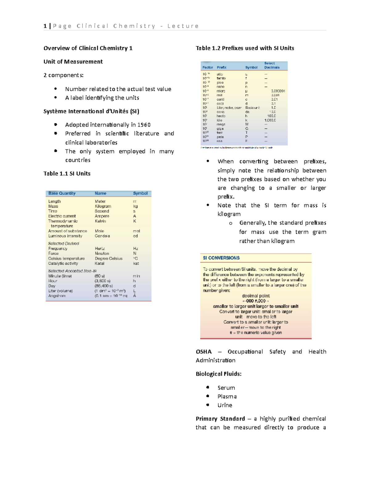 Clinical Chemistry - WEEK 1 - Overview of Clinical Chemistry 1 Unit of ...