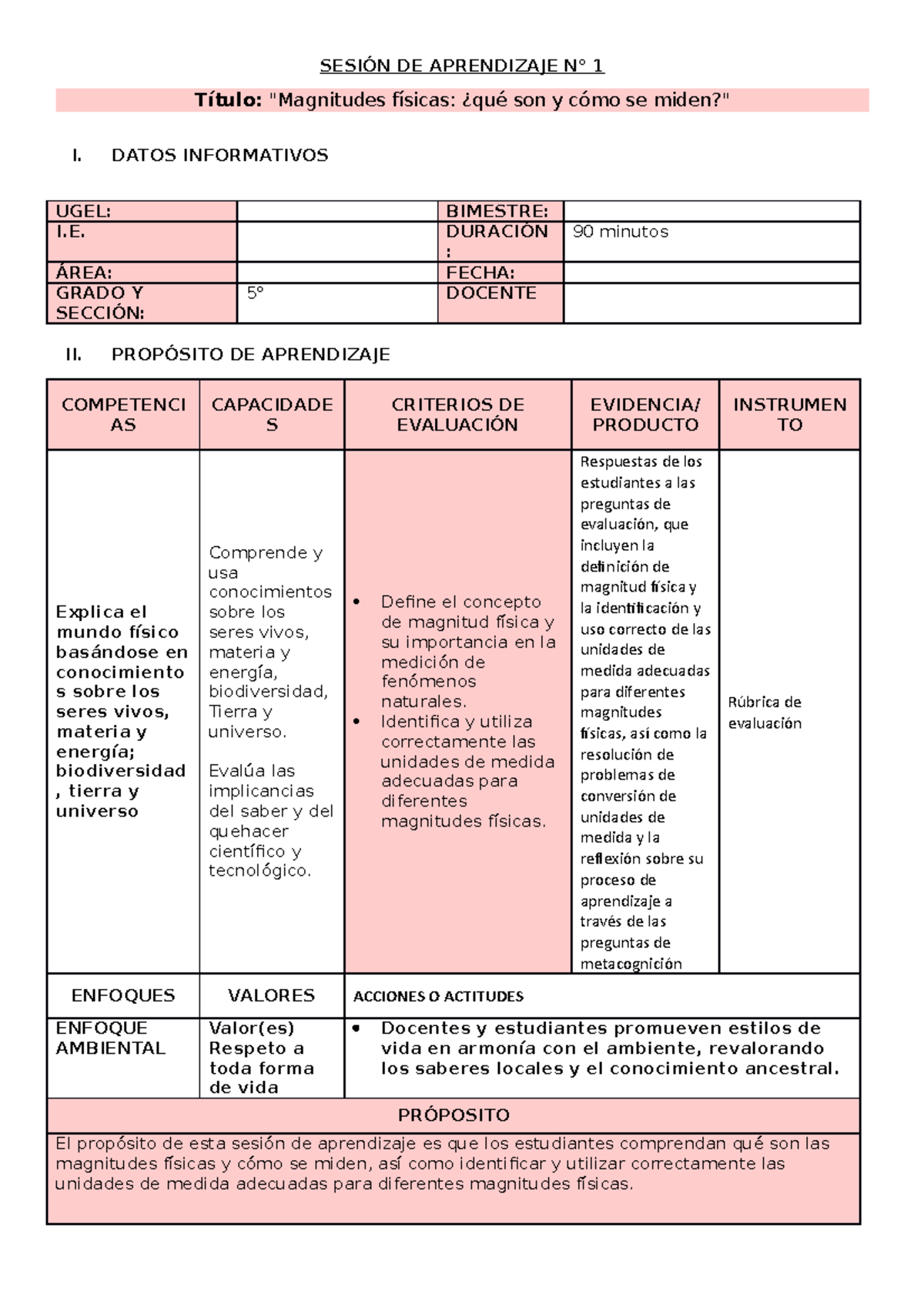 Sesion DE Aprendizaje 1 5° Secundaria - SESIÓN DE APRENDIZAJE N° 1 Título: "Magnitudes físicas ...