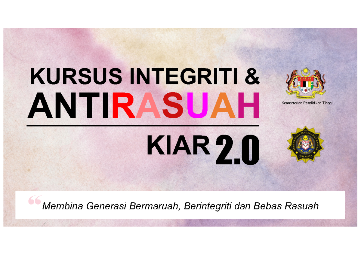 Modul 5_Anti Rasuah - KURSUS INTEGRITI & ANTIRASUAH KIAR Kementerian Pendidikan Tinggi 2. - Studocu