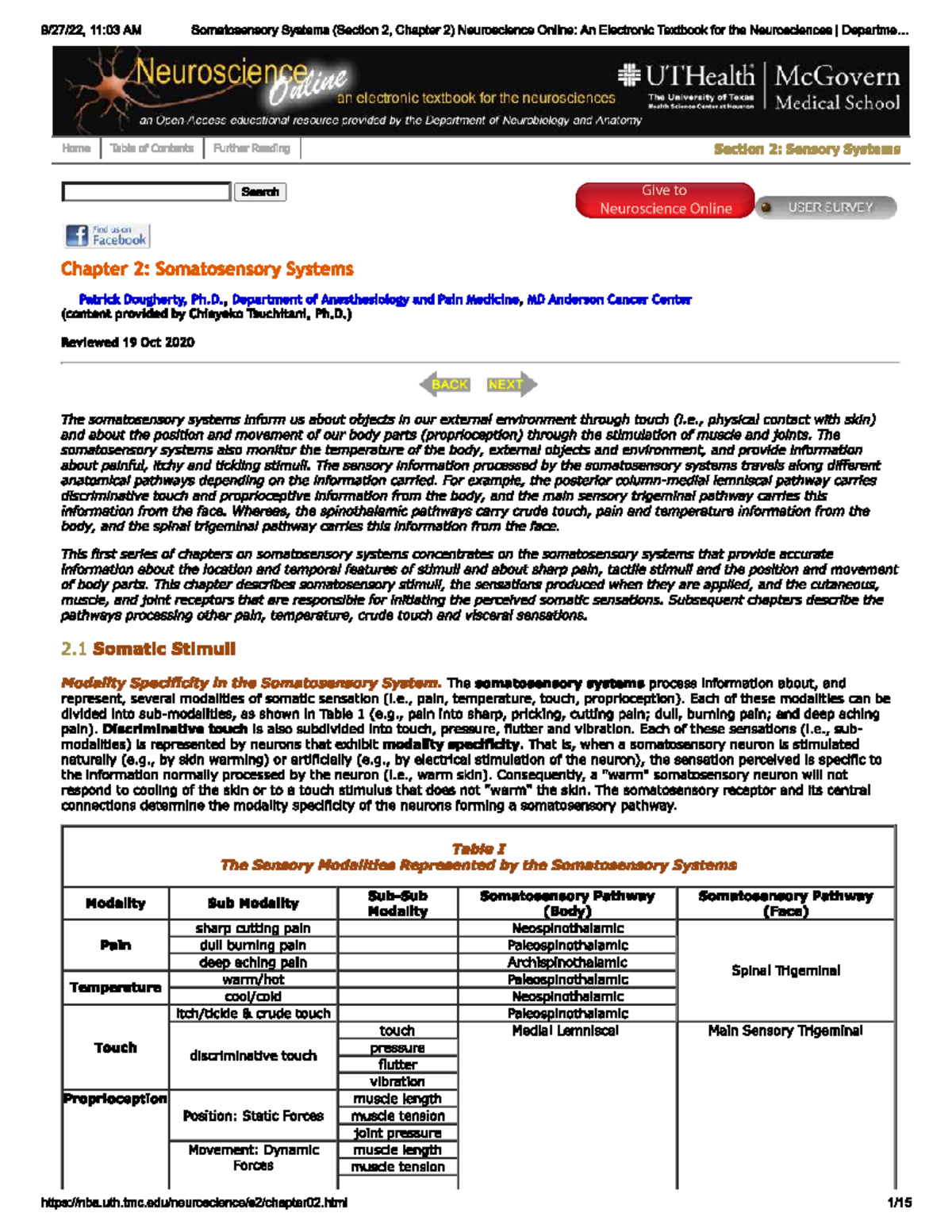 KINE 3020 Unit 3 Readings - 11:03 AM Somatosensory Systems (Section 2, Chapter 2) Neuroscience ...