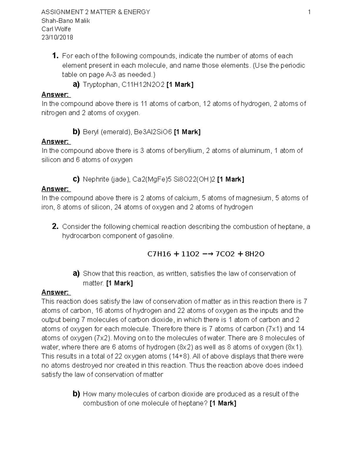 Assignment #2 Matter & Energy - ASSIGNMENT 2 MATTER & ENERGY 1 Shah ...