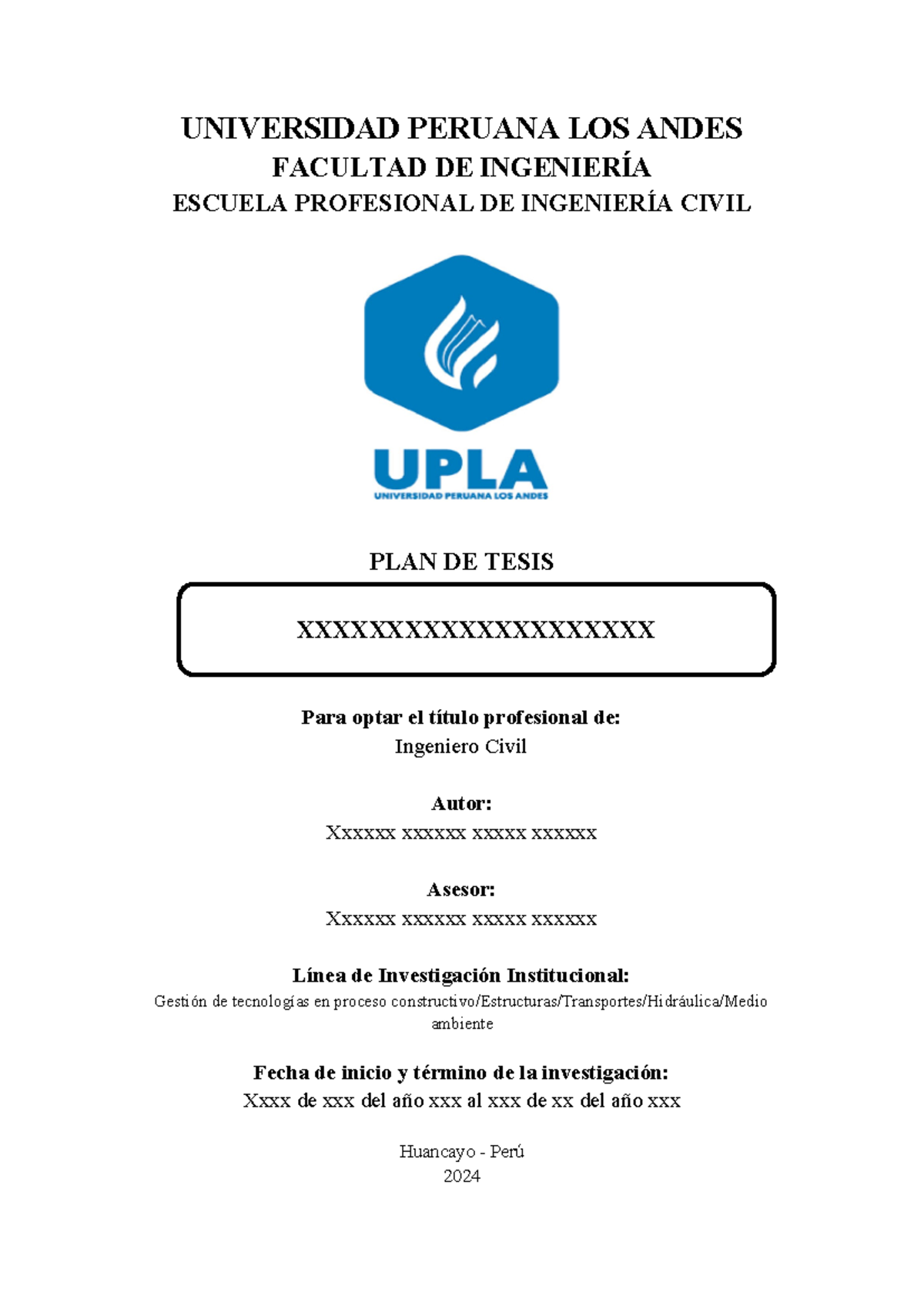 Modelo Carátula UPLA - UNIVERSIDAD PERUANA LOS ANDES FACULTAD DE INGENIERÍA ESCUELA PROFESIONAL ...