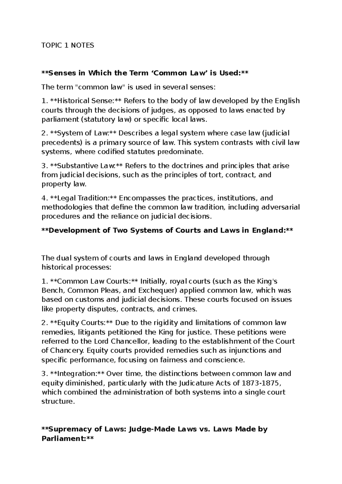 **Senses in Which the Term ‘Common Law’ is Used:** - TOPIC 1 NOTES ...