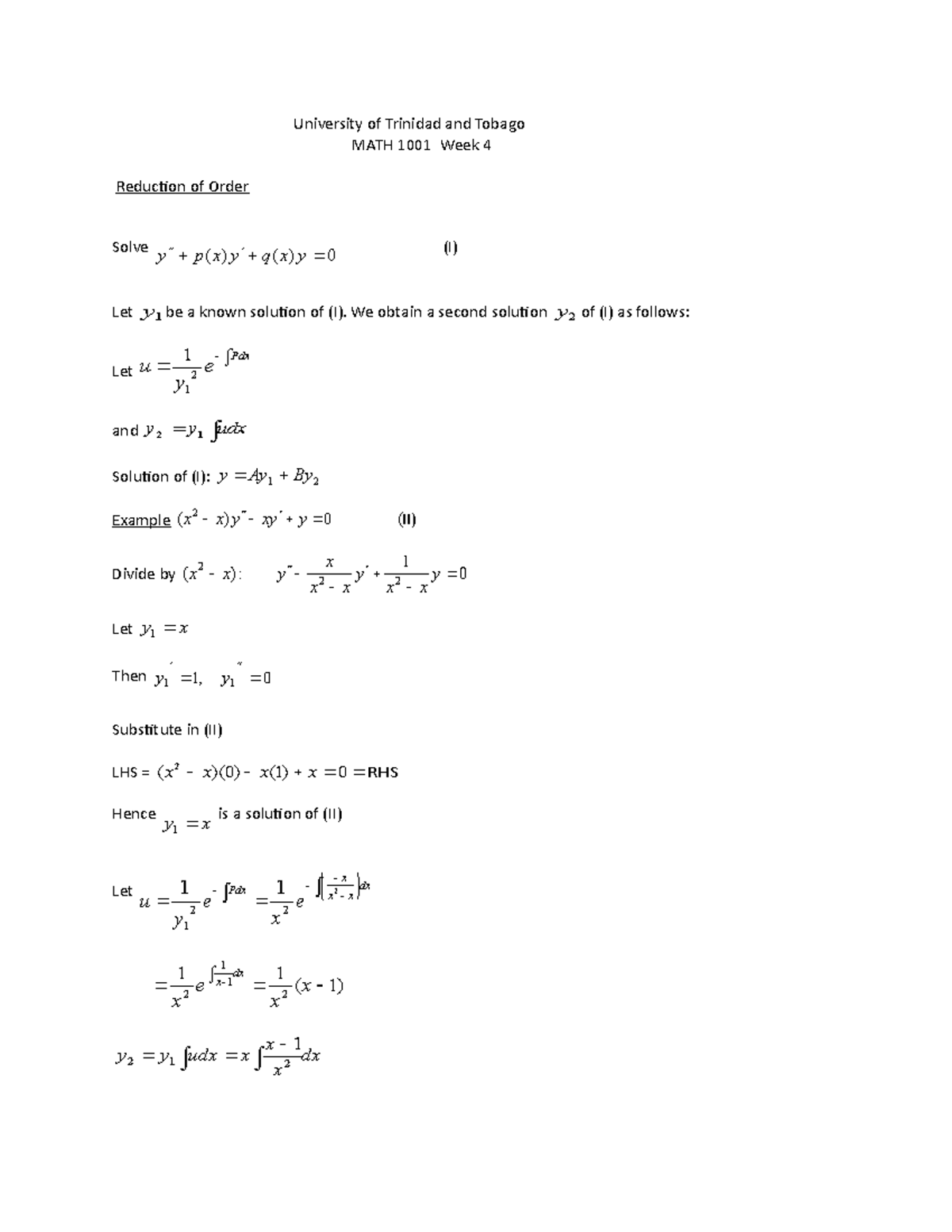 UTT MATH1001 Week 4 Notes - University of Trinidad and Tobago MATH 1001 ...