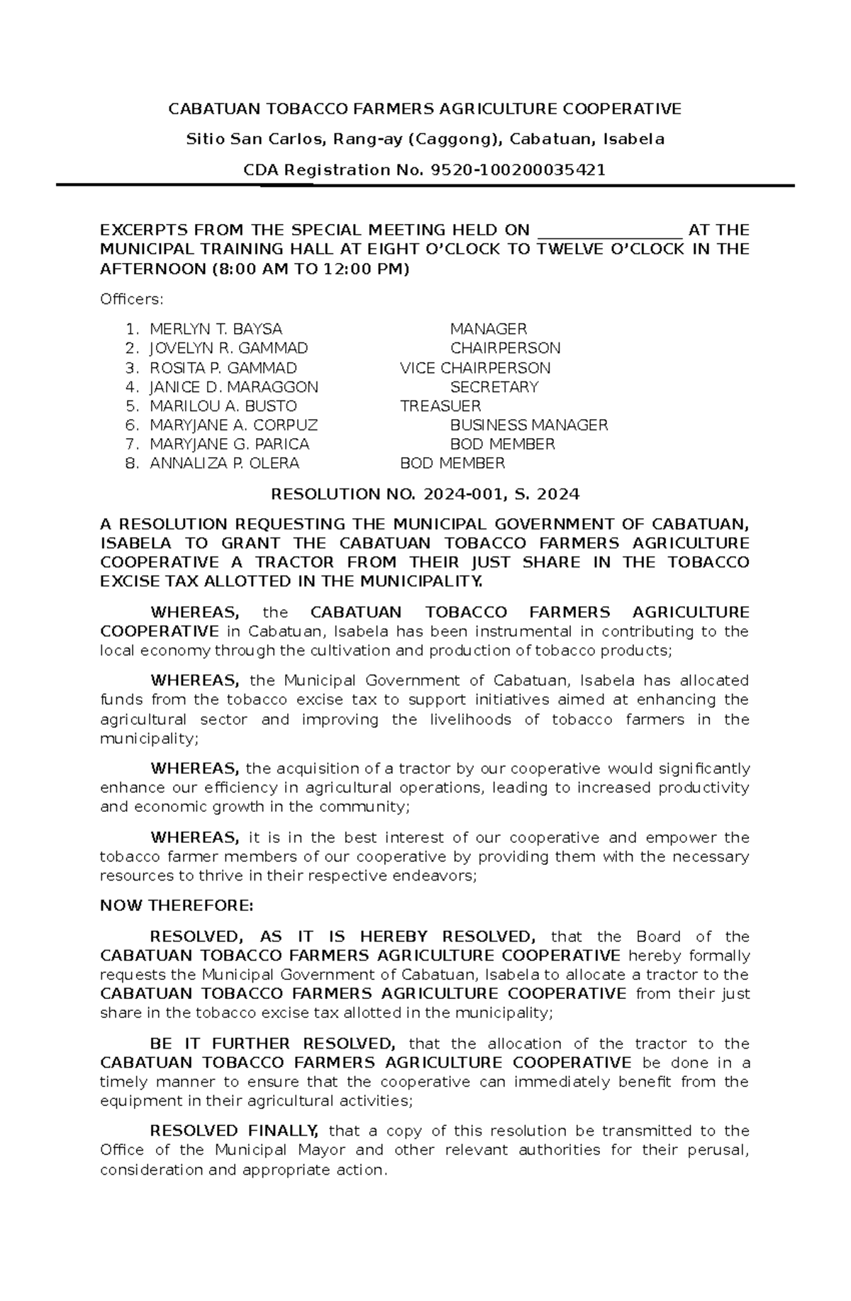 resolution of associations - CABATUAN TOBACCO FARMERS AGRICULTURE ...