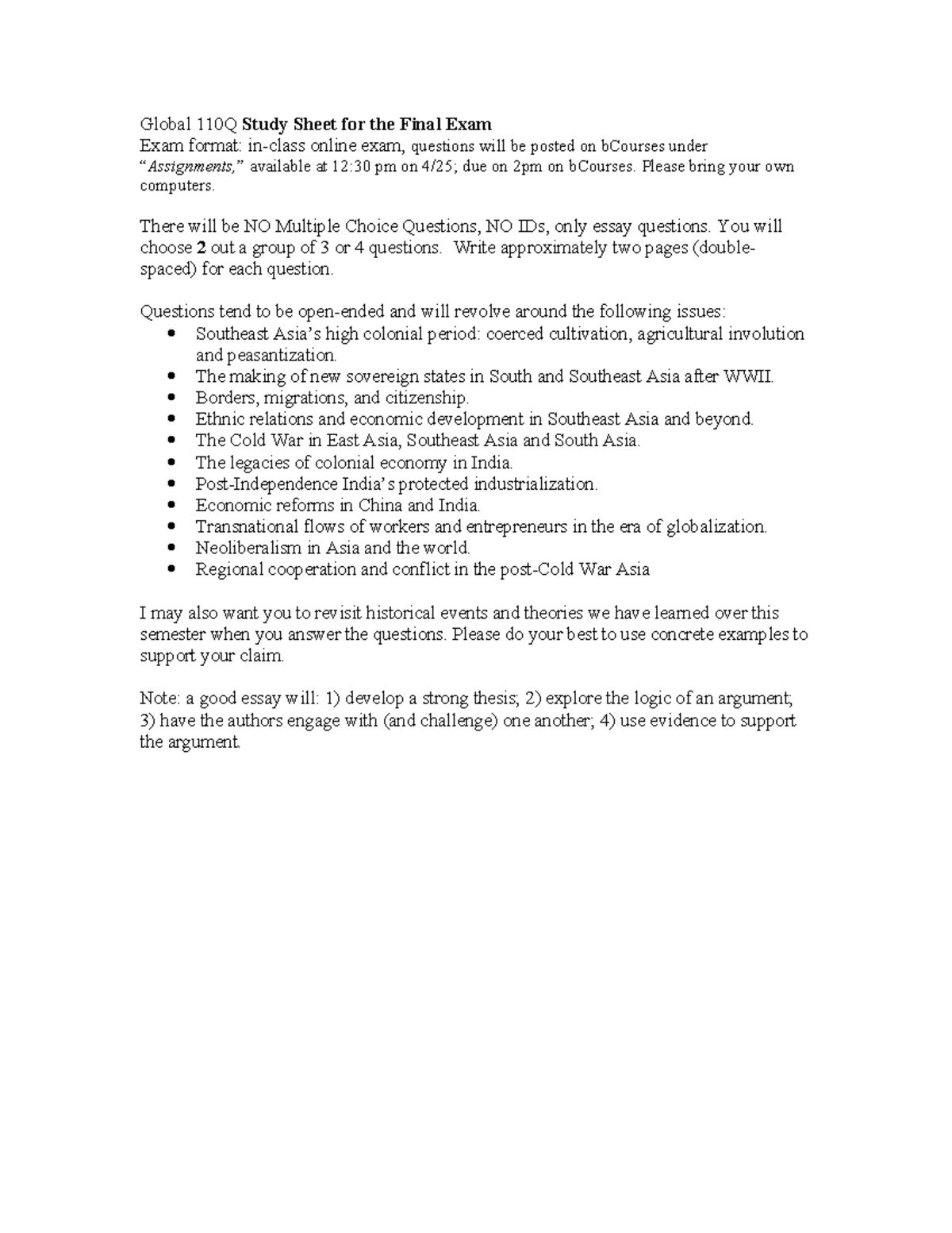 2024 final exam study sheet - Global 110Q Study Sheet for the Final ...