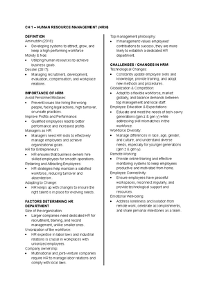 Hr A Little Important Notes Of Chapter 1 To Chapter 4 About Hr C