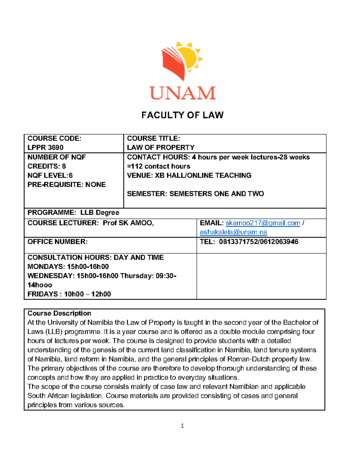 LAW OF Property Course Outline 2021. - FACULTY OF LAW COURSE CODE: LPPR ...