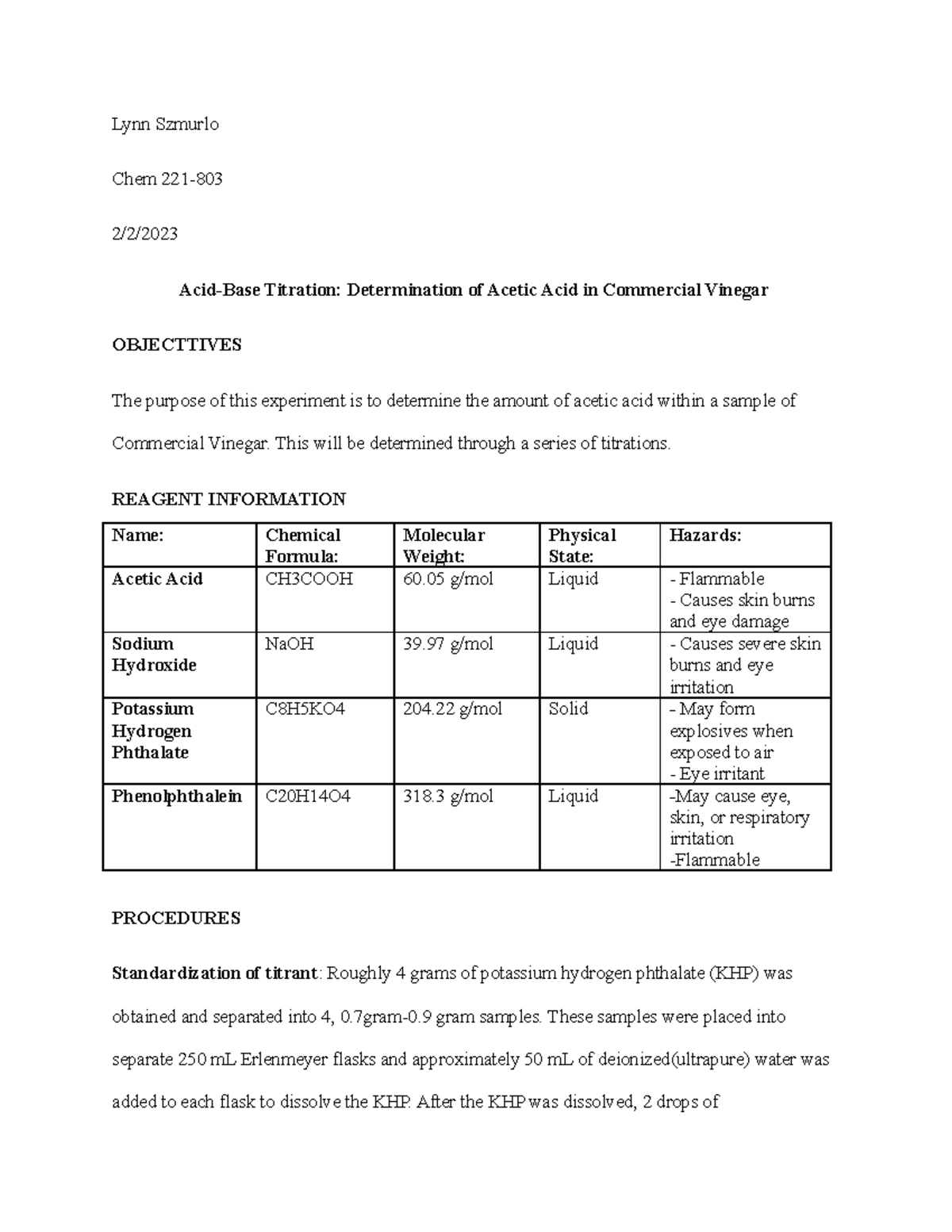 Lab Report #1 - Lynn Szmurlo Chem 221- 2/2/ Acid-Base Titration ...