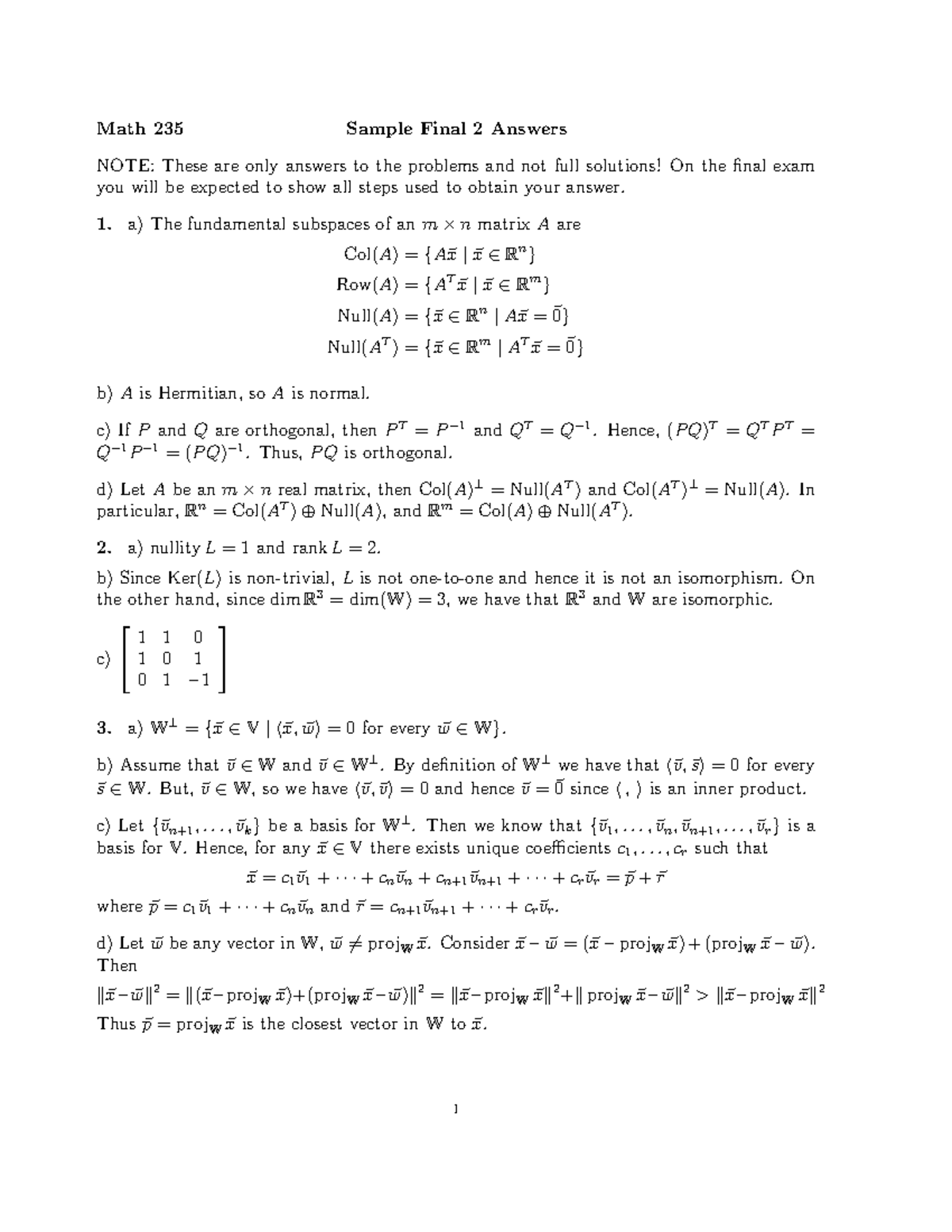 Final exam May 2014, answers - Math 235 Sample Final 2 Answers NOTE ...