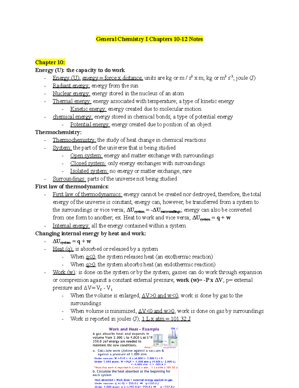 General Chemistry I Chapters 10-12 Notes - Heat to work and vice versa ...