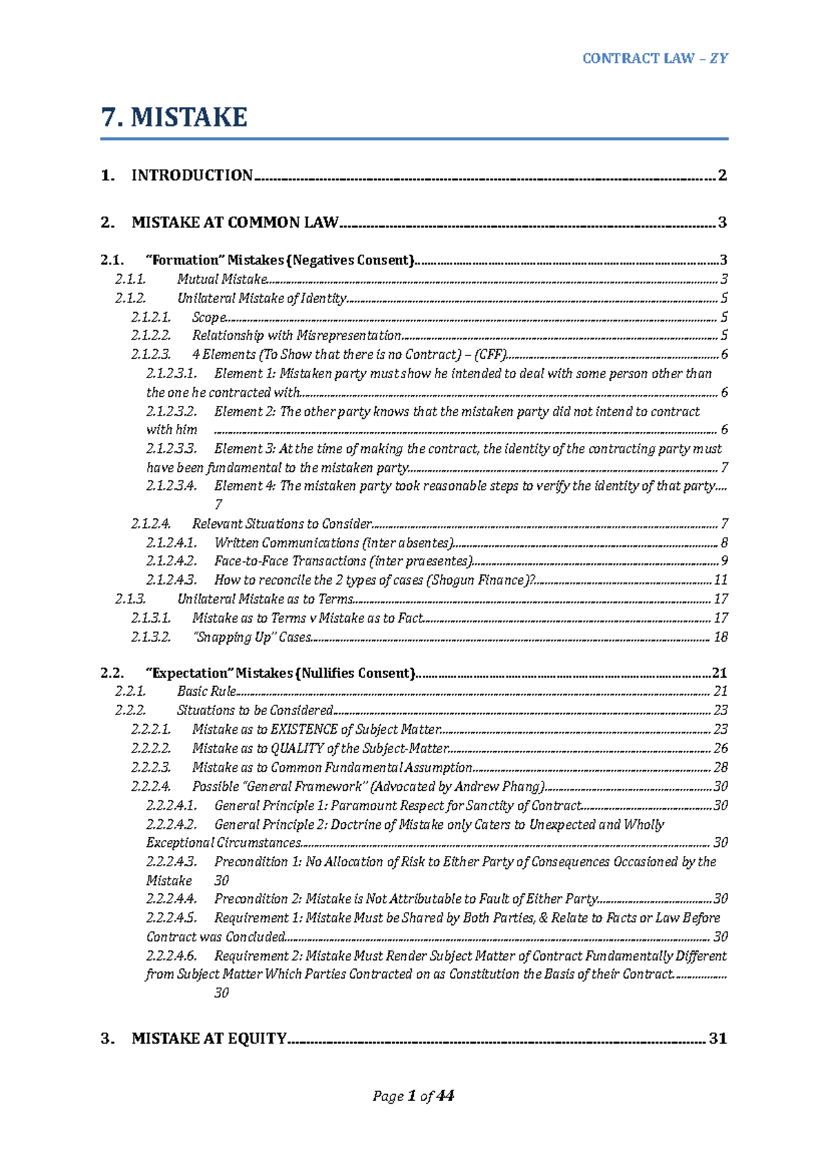 7. Mistake - Summary Law of Contract - CONTRACT LAW ZY 7. MISTAKE 1 ...