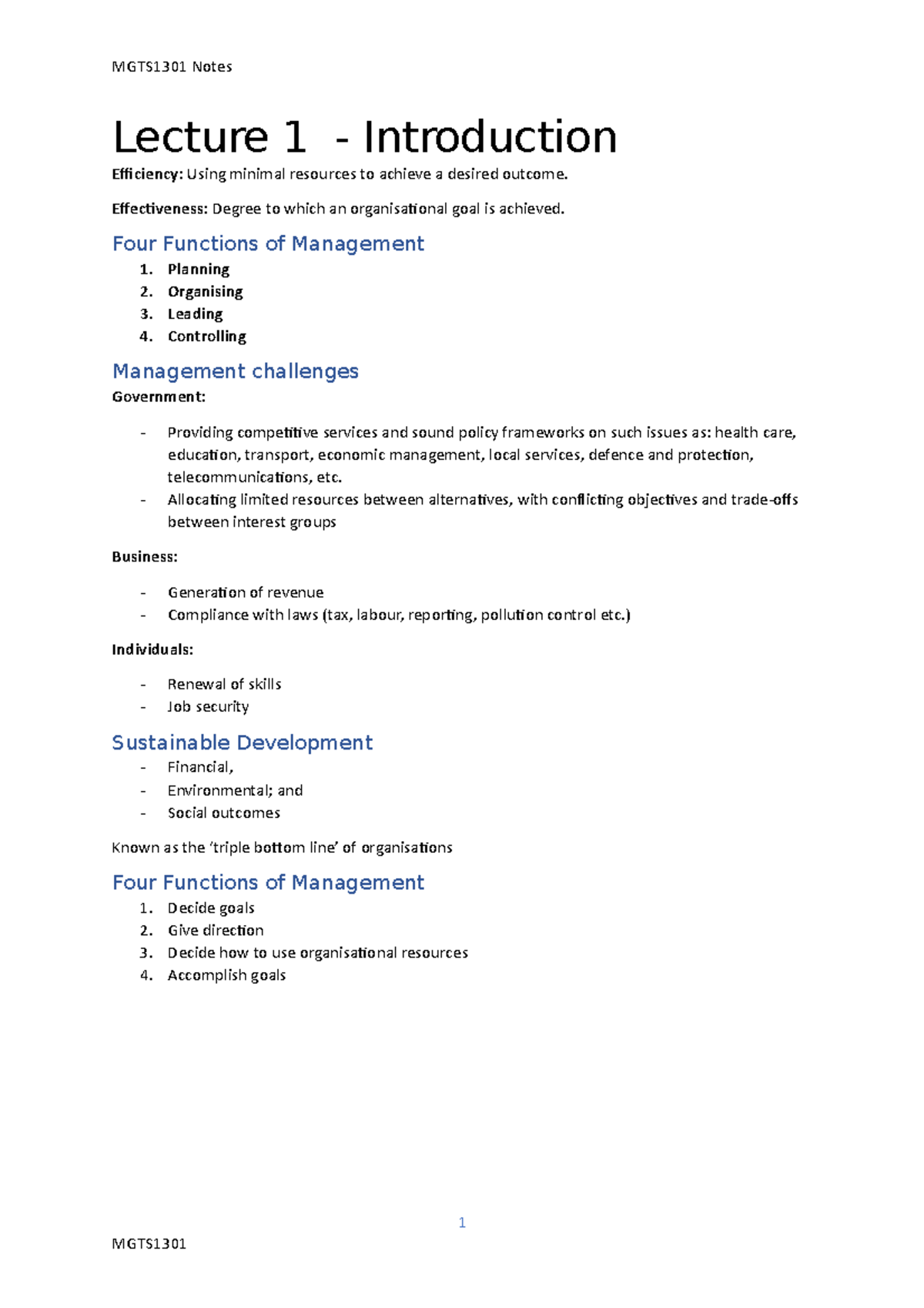 Revision - Lecture notes Lecture 1 - MGTS1301 Notes Lecture 1 ...