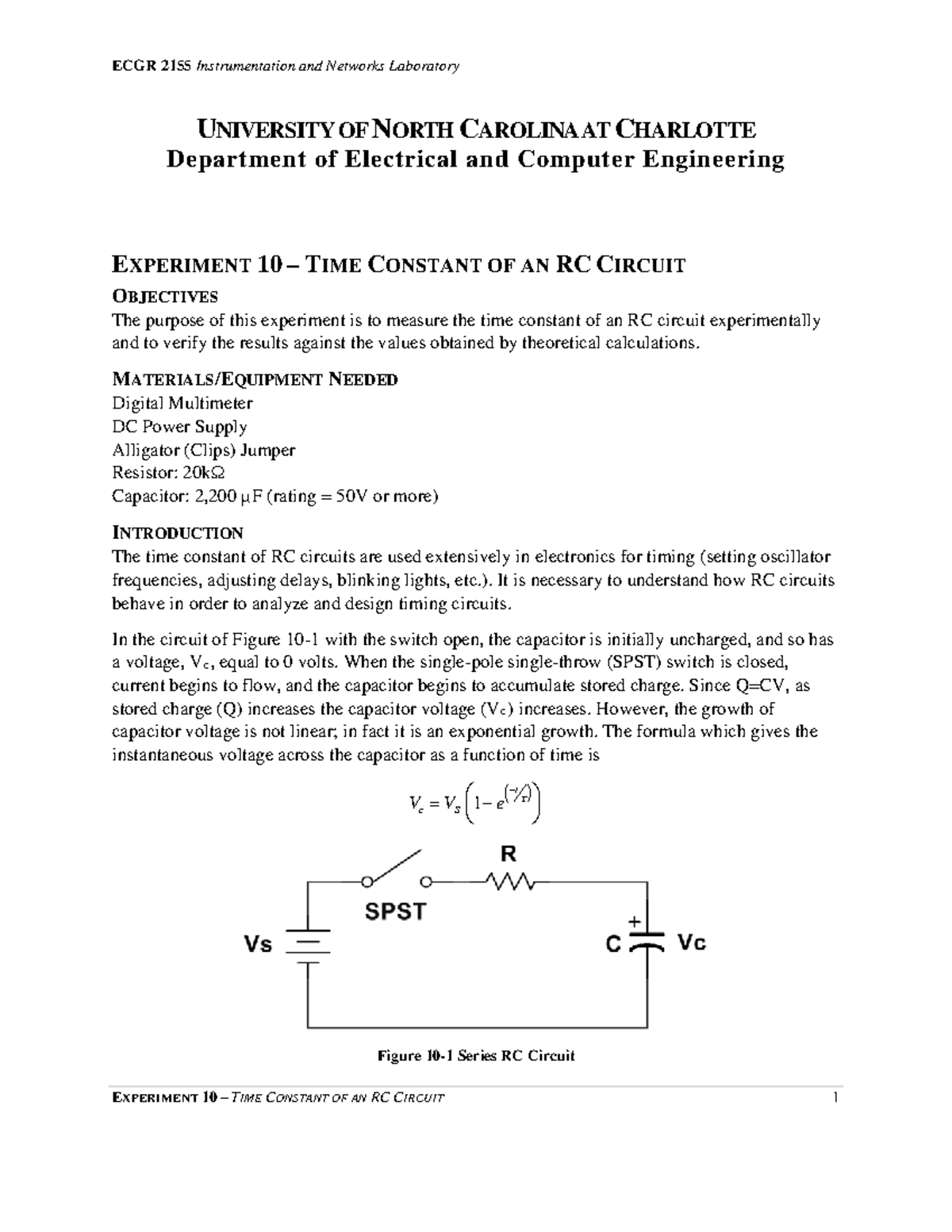 Ecgr2155 experiment 10 time constant of an rc circuit - UNIVERSITY OF ...