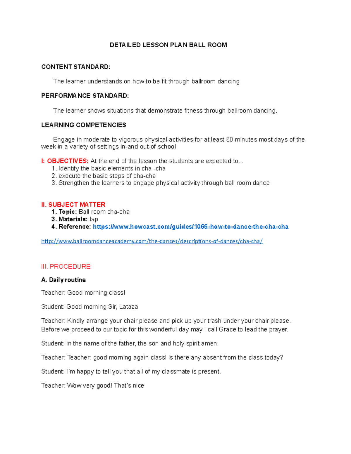Detailed- Lesson-PLAN-BALL-ROOM - DETAILED LESSON PLAN BALL ROOM ...