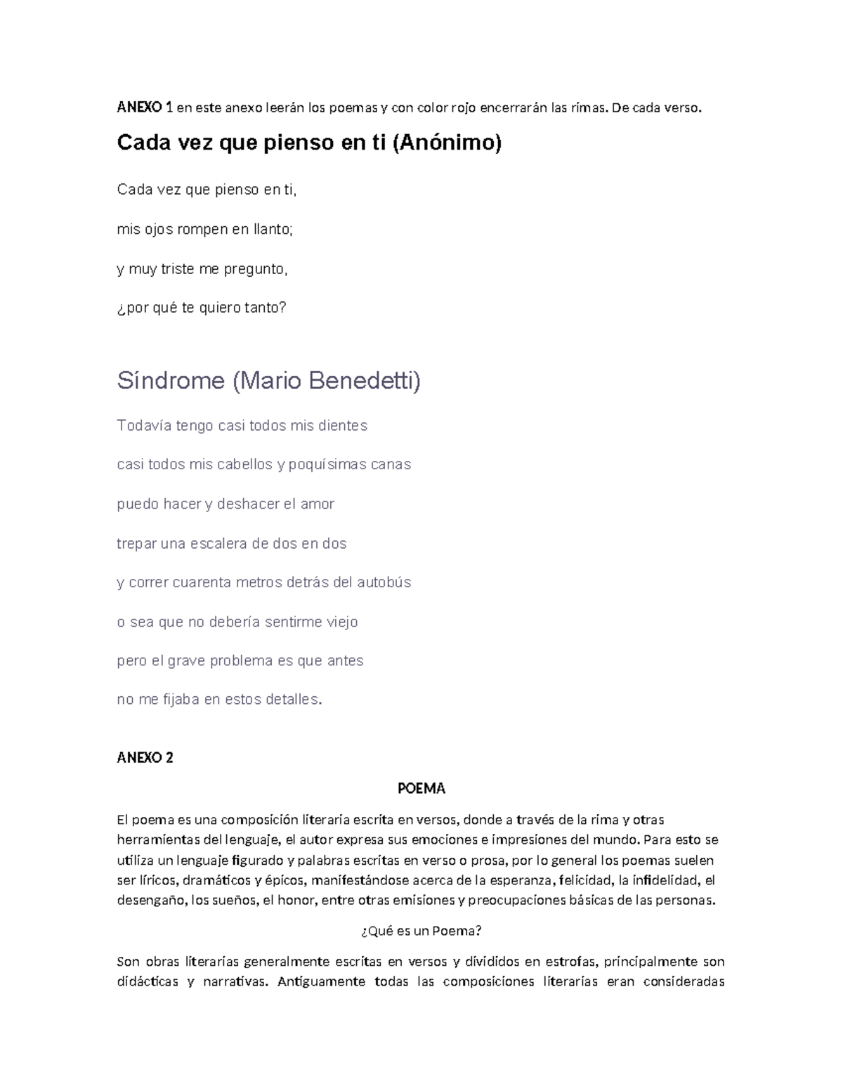 Anexo Marzo - ANEXO 1 en este anexo leerán los poemas y con color rojo ...