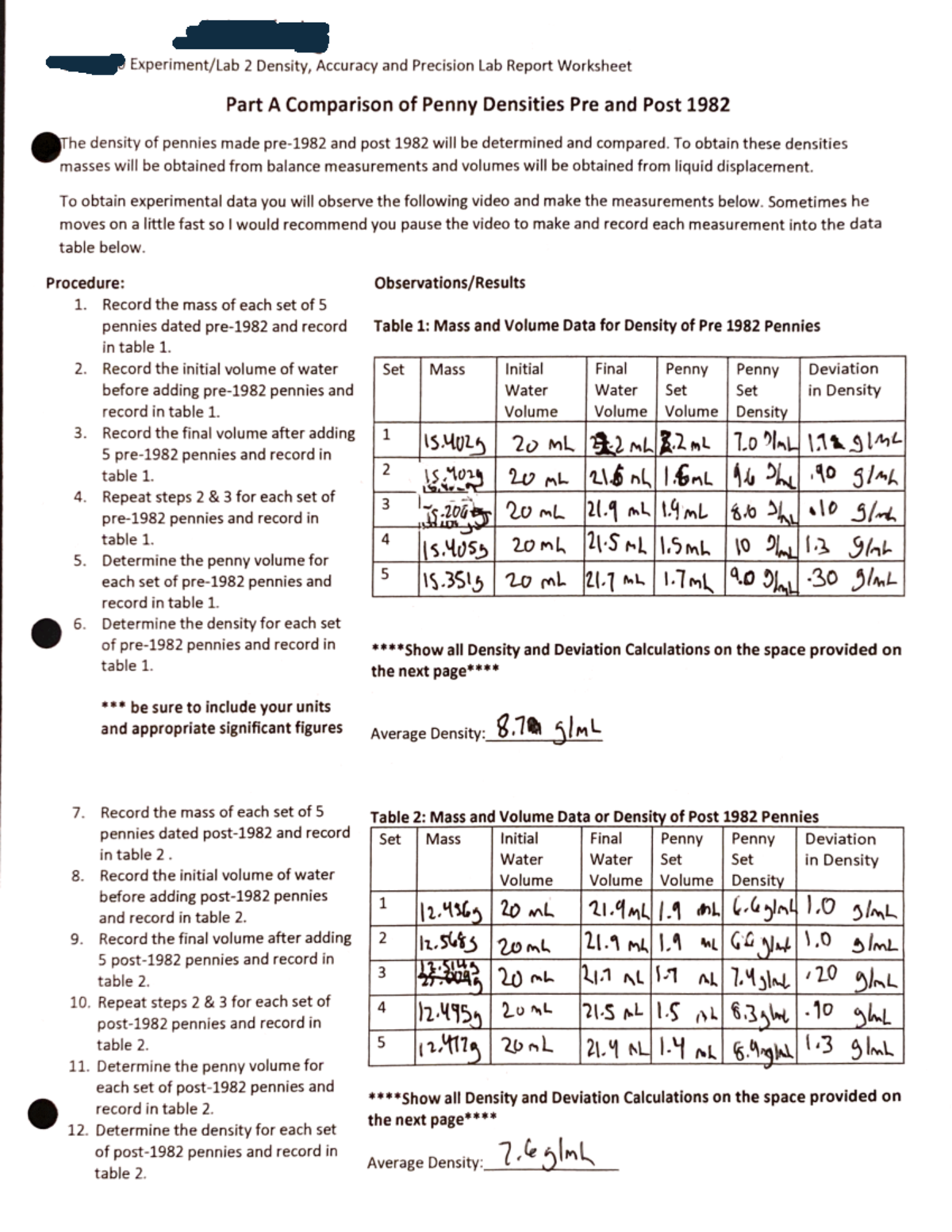 CHM 110 Lab 2 - Lab filled in - 2 Density, Accuracy and Precision Lab ...