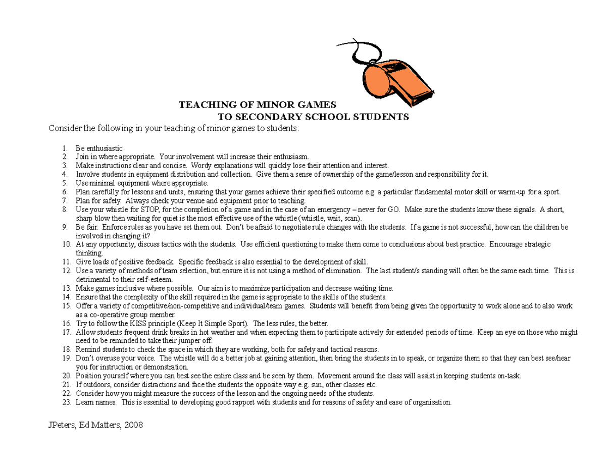 Minor games secondary - TEACHING OF MINOR GAMES TO SECONDARY SCHOOL ...