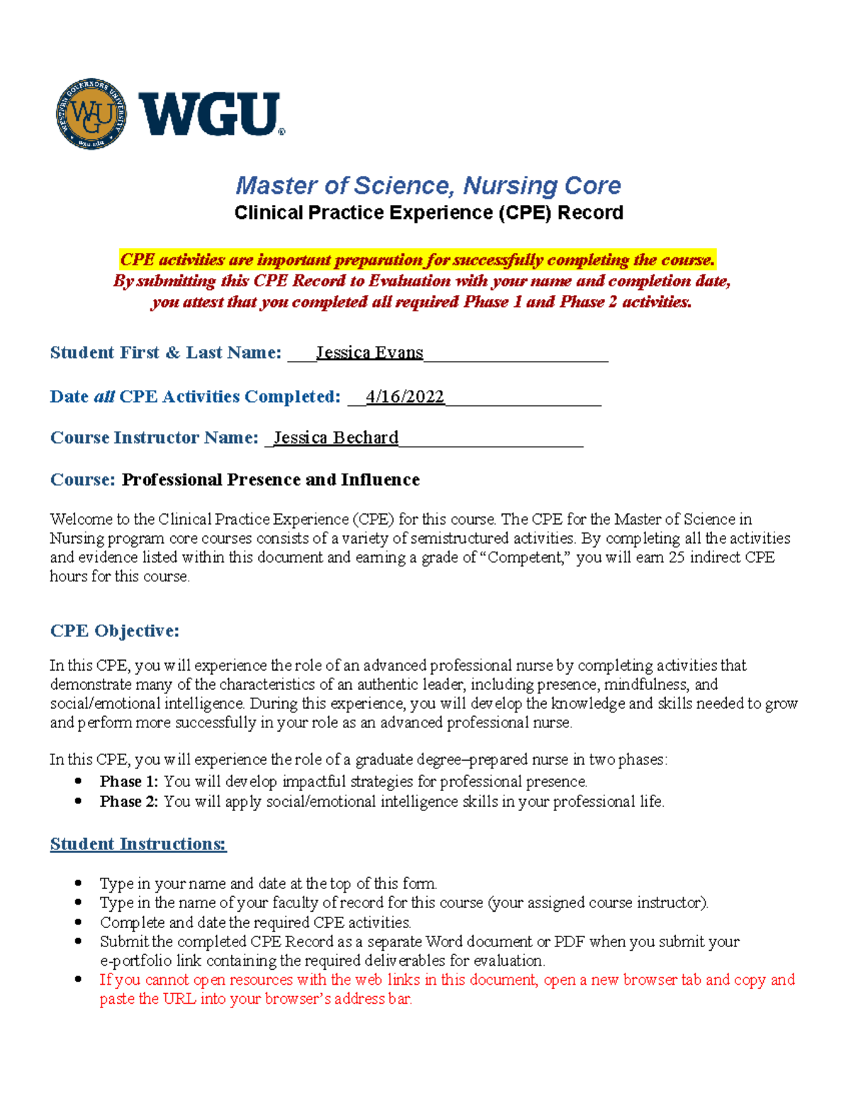 CPE Record for professional practice - Master of Science, Nursing Core ...