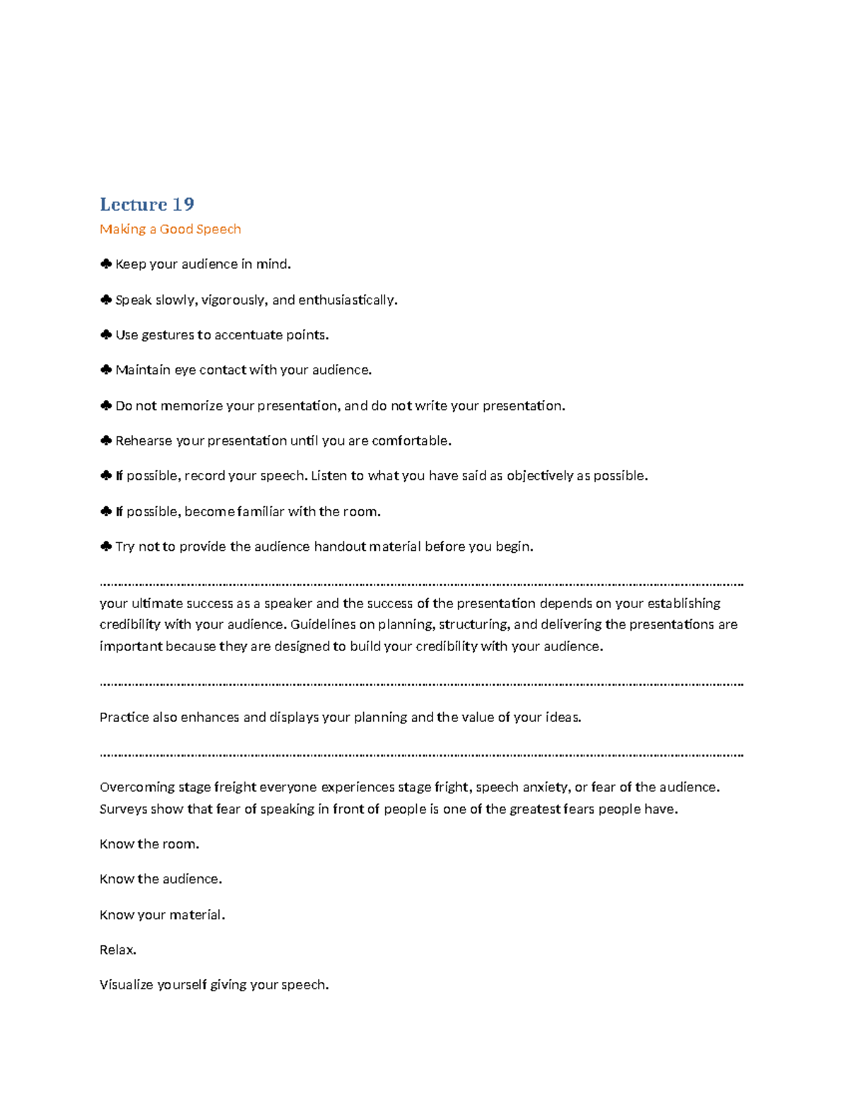 Mcm301 - short lecture hand outs - Lecture 19 Making a Good Speech Keep ...