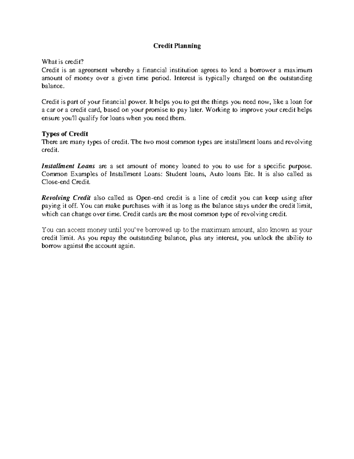 5. Credit Planning - Credit Planning What is credit? Credit is an ...