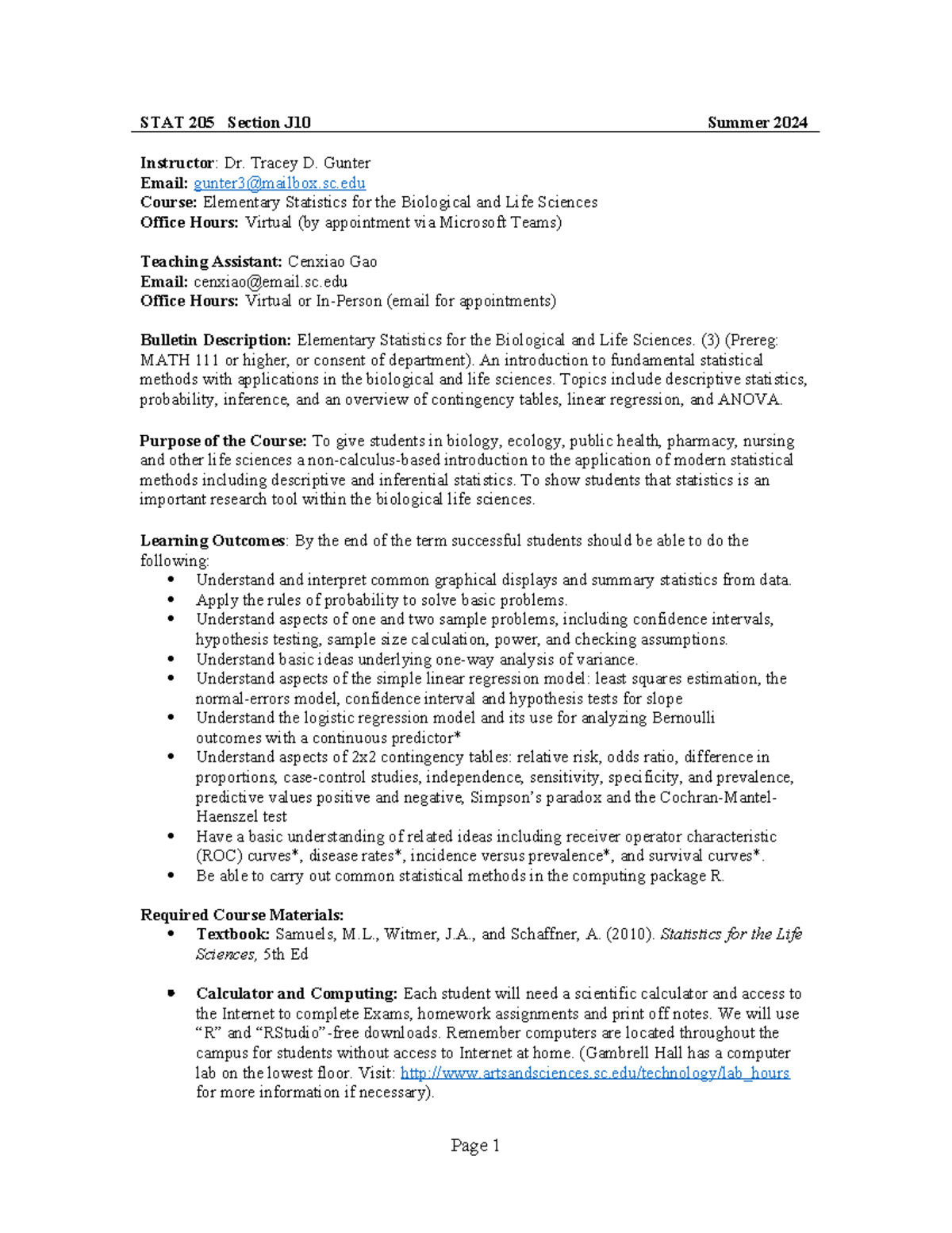 STAT 205 Syllabus Summer 2024 - STAT 205 Section J10 Summer 2024 ...