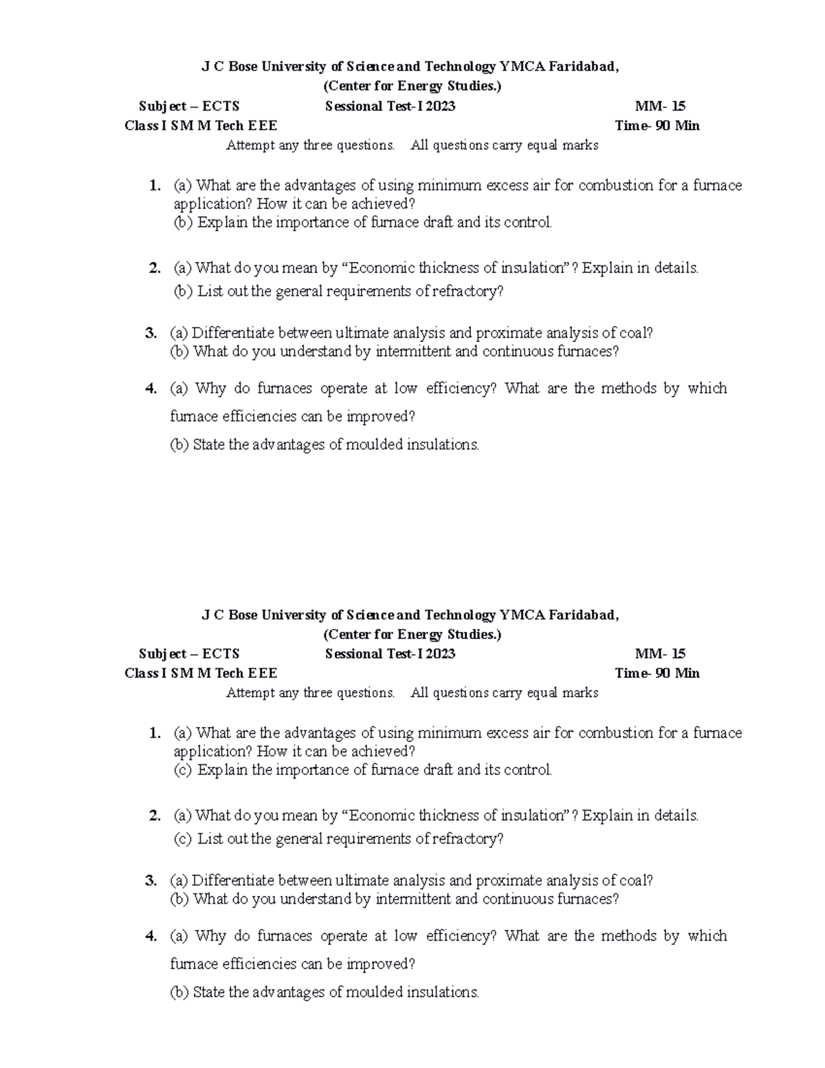 Sessional Test I ECTS -2023 - J C Bose University of Science and ...