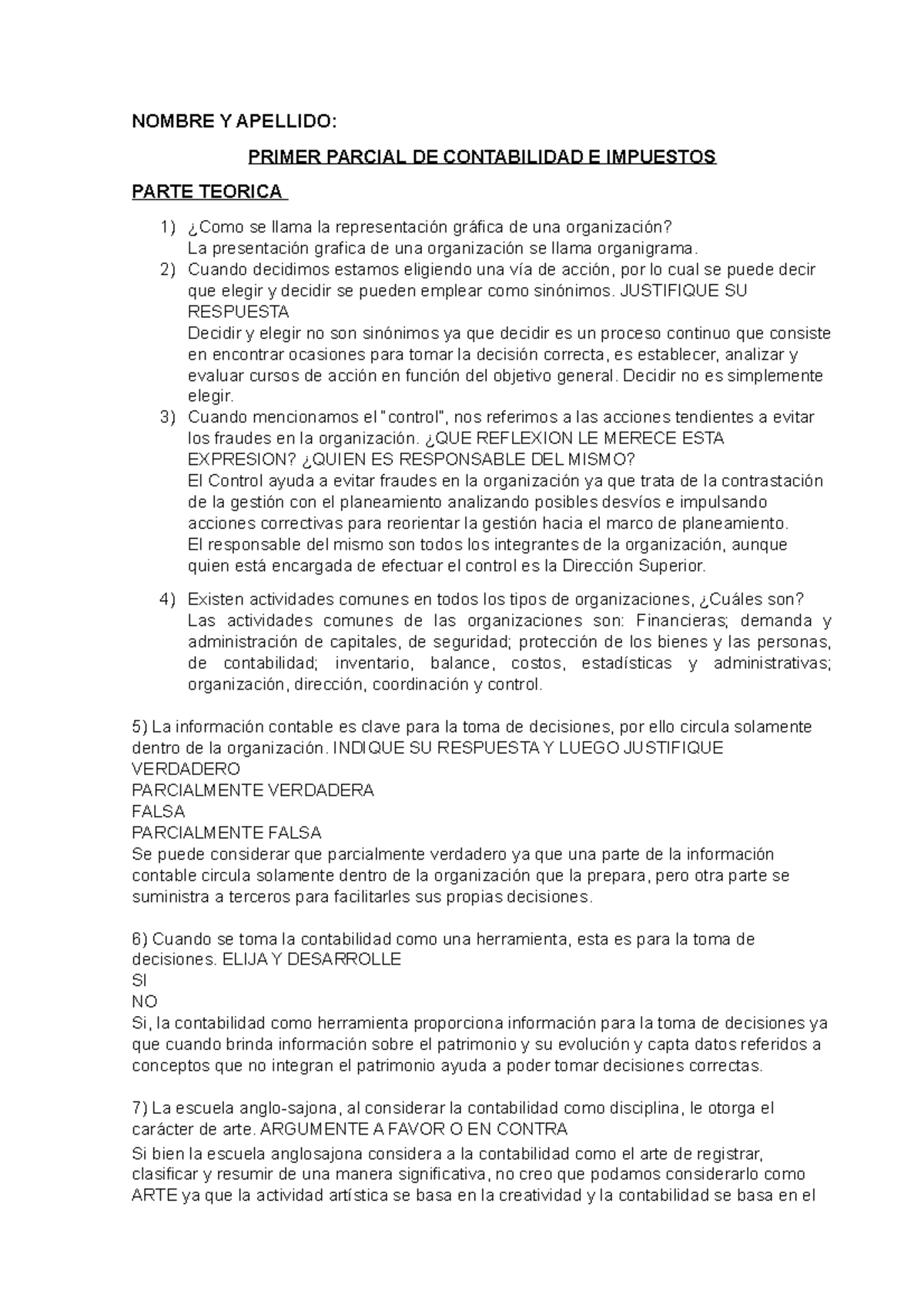 1er parcial contabilidad - NOMBRE Y APELLIDO: PRIMER PARCIAL DE CONTABILIDAD E IMPUESTOS PARTE ...