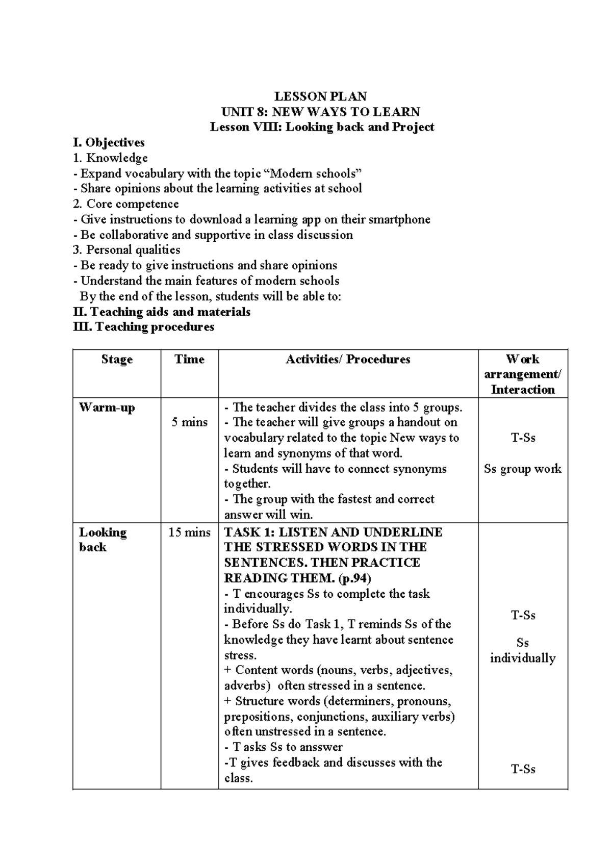 Lesson plan unit 8 lesson 8 global - LESSON PLAN UNIT 8: NEW WAYS TO ...