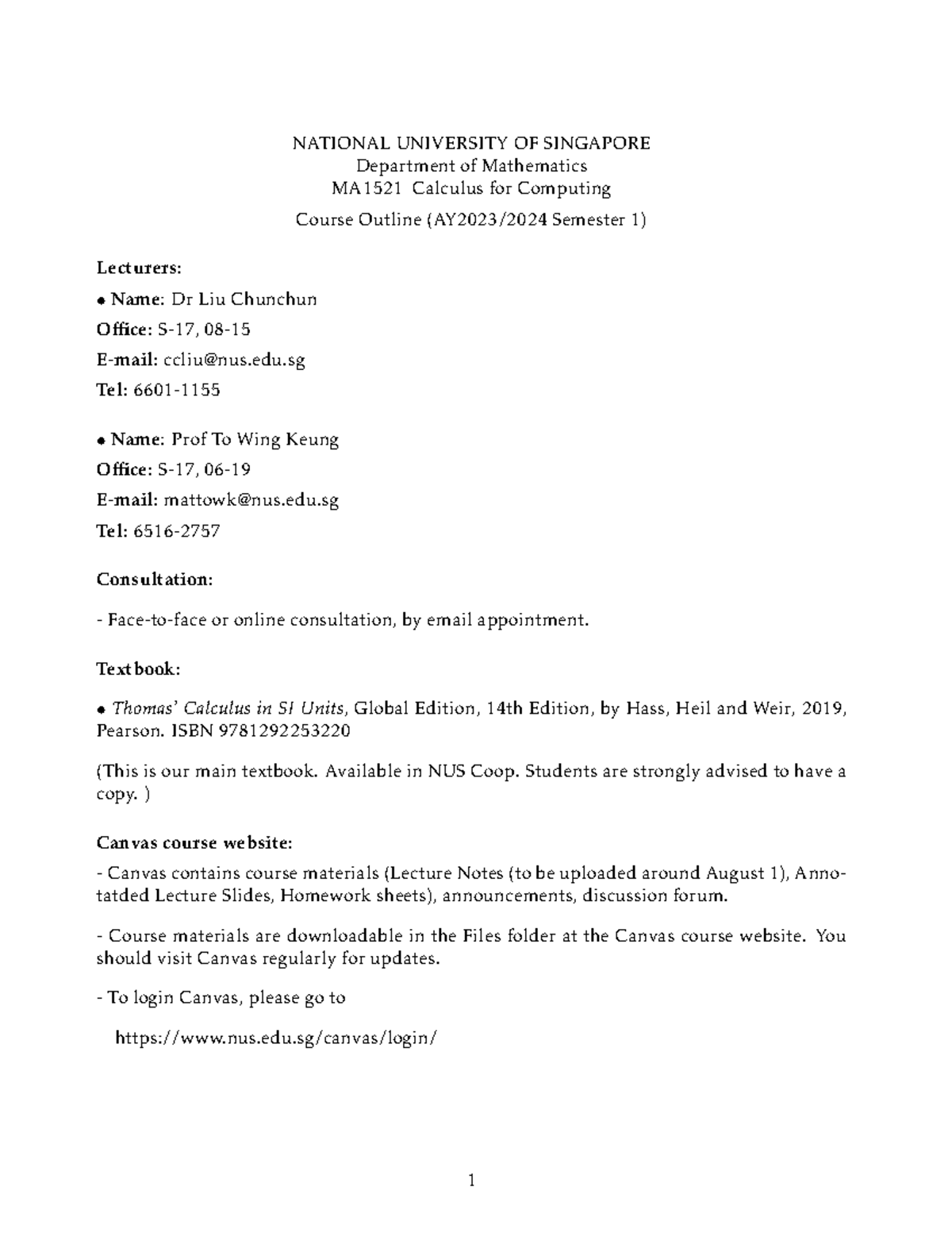 MA1521outline - Outline - NATIONAL UNIVERSITY OF SINGAPORE Department ...