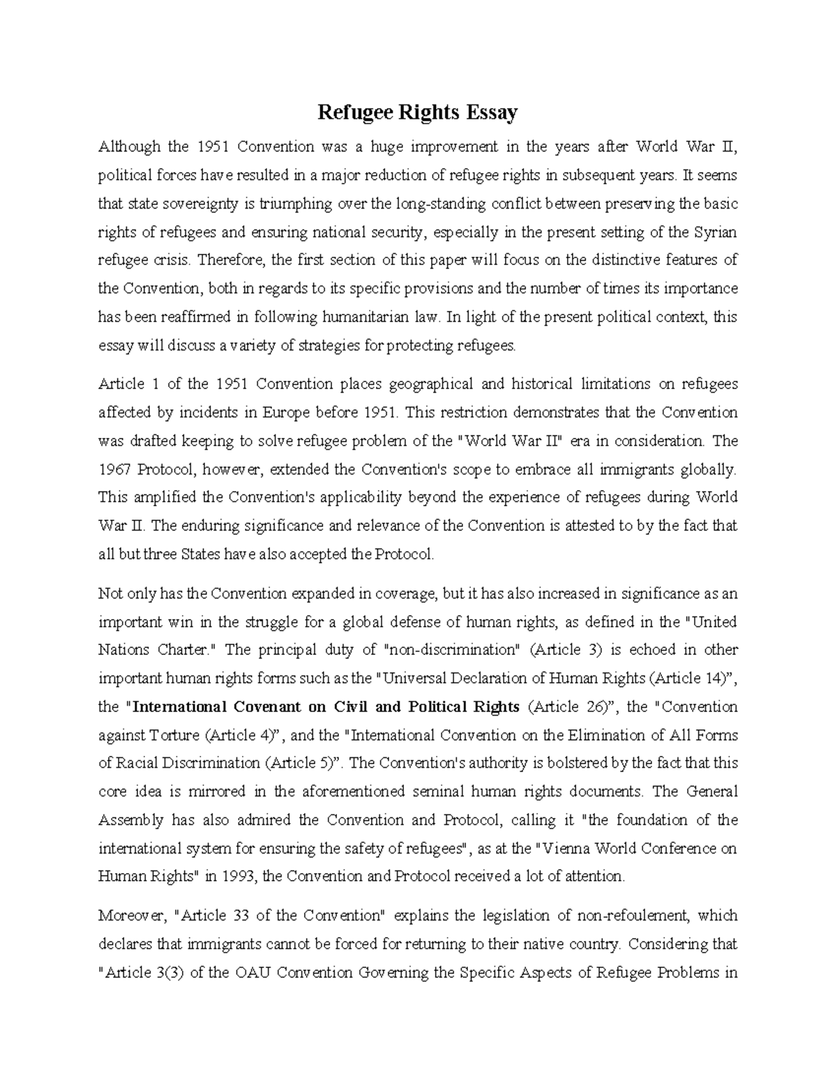 Refugees Zulqarnain - Refugee Rights Essay Although the 1951 Convention ...