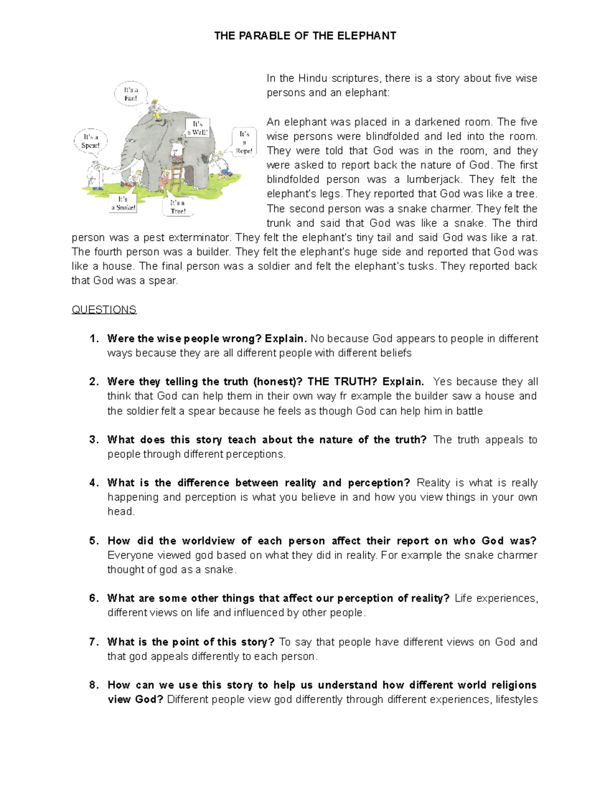 Parable questions123 with answers - THE PARABLE OF THE ELEPHANT In the ...