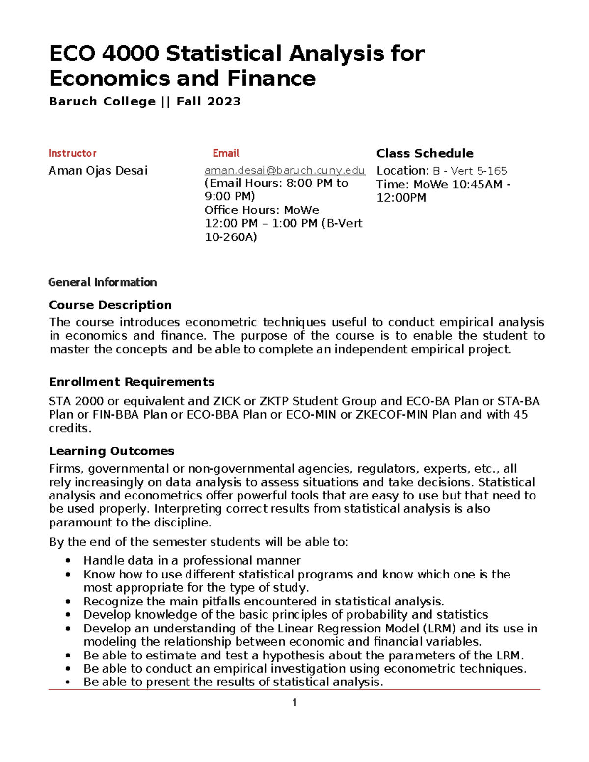 ECO 4000 Fall 2023 - SYLLABUS - ECO 4000 Statistical Analysis for ...