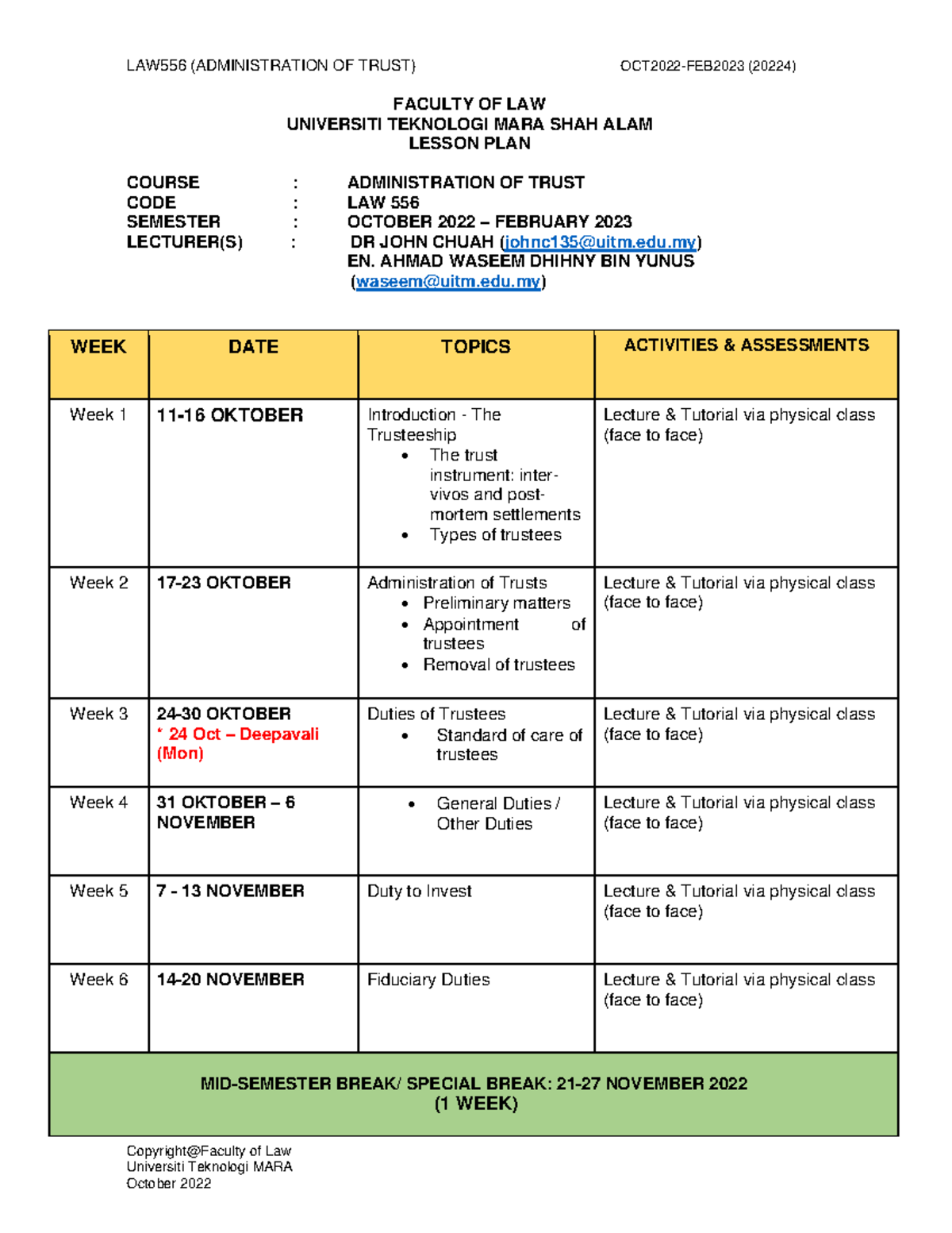 LAW556 Lesson PLAN FOR SEM OCT 2022 - FEB 2023 - LAW556 (ADMINISTRATION ...